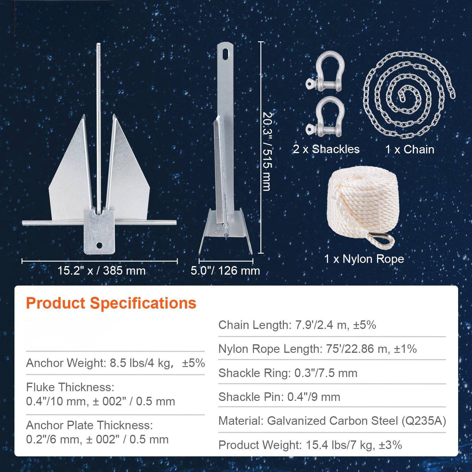 Glintex 8.5 LBS Fluke Anchor Kit with 75FT Rope, 7.9FT Chain, and ...