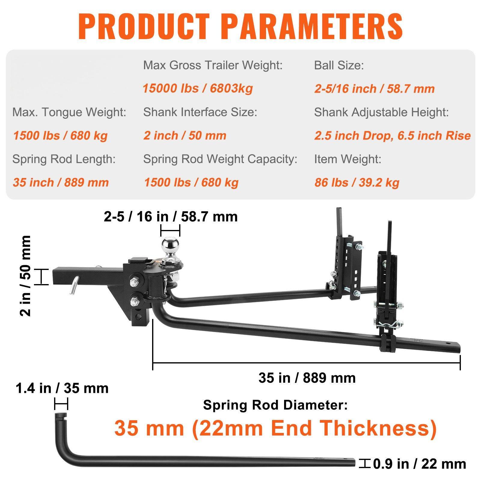 Glintex 1,500 lbs Weight Distribution Hitch，Sway Control, 2" Shank, 2 5/16" Ball, Heavy Duty ...