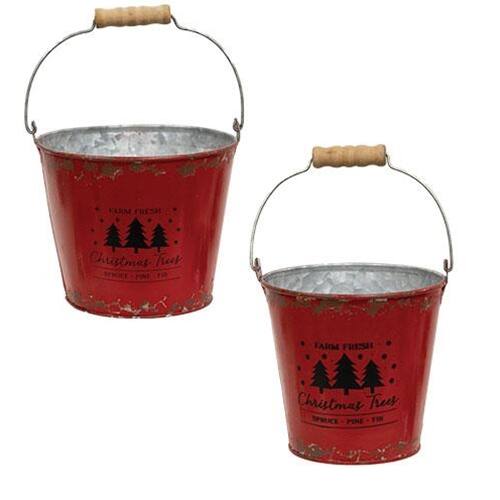 BreeBe 2/Set Farm Fresh Christmas Trees Distressed Metal Buckets Red ...