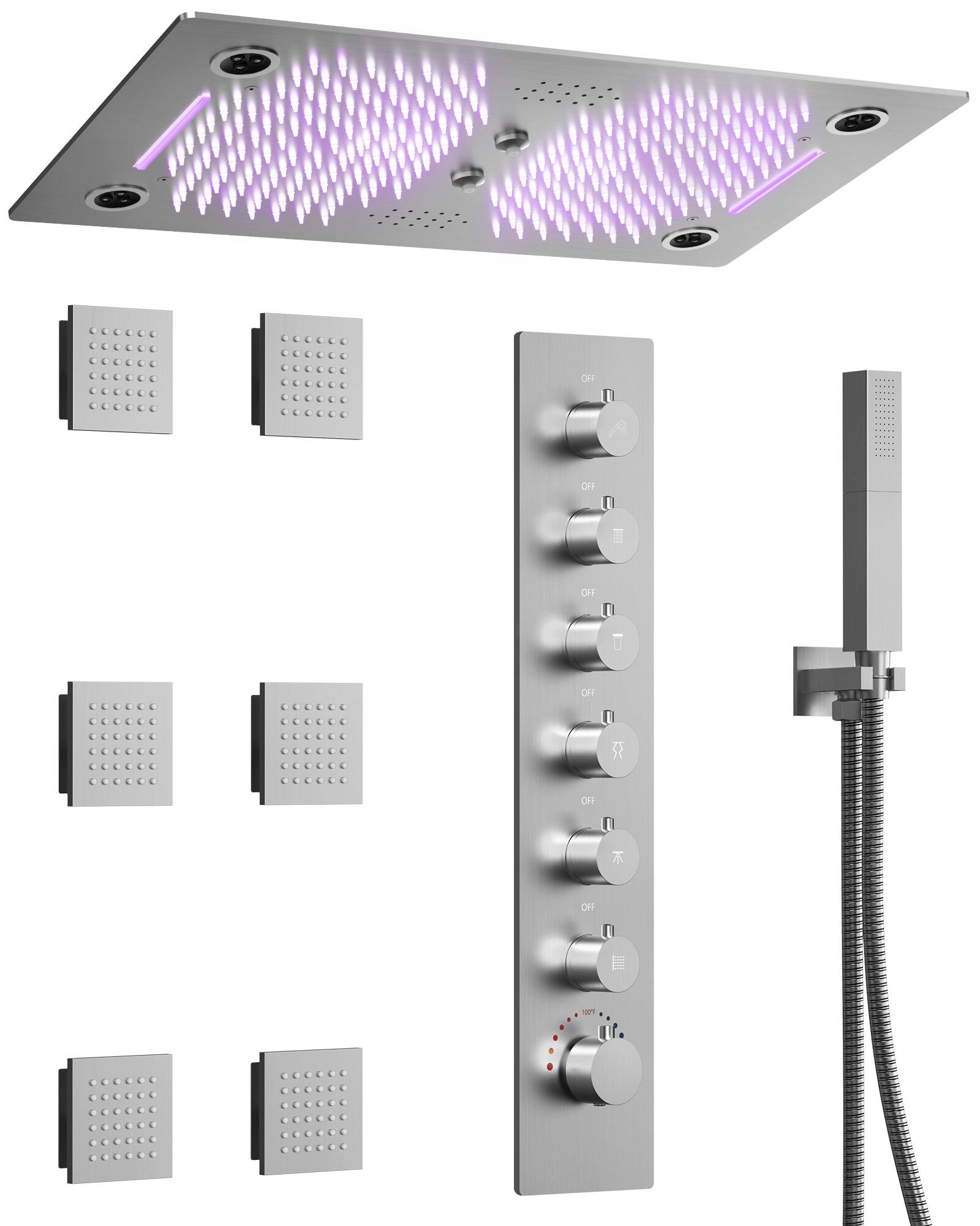 GRANDJOY 28 Inch 6 Function LED Thermostatic Luxury Shower System with ...
