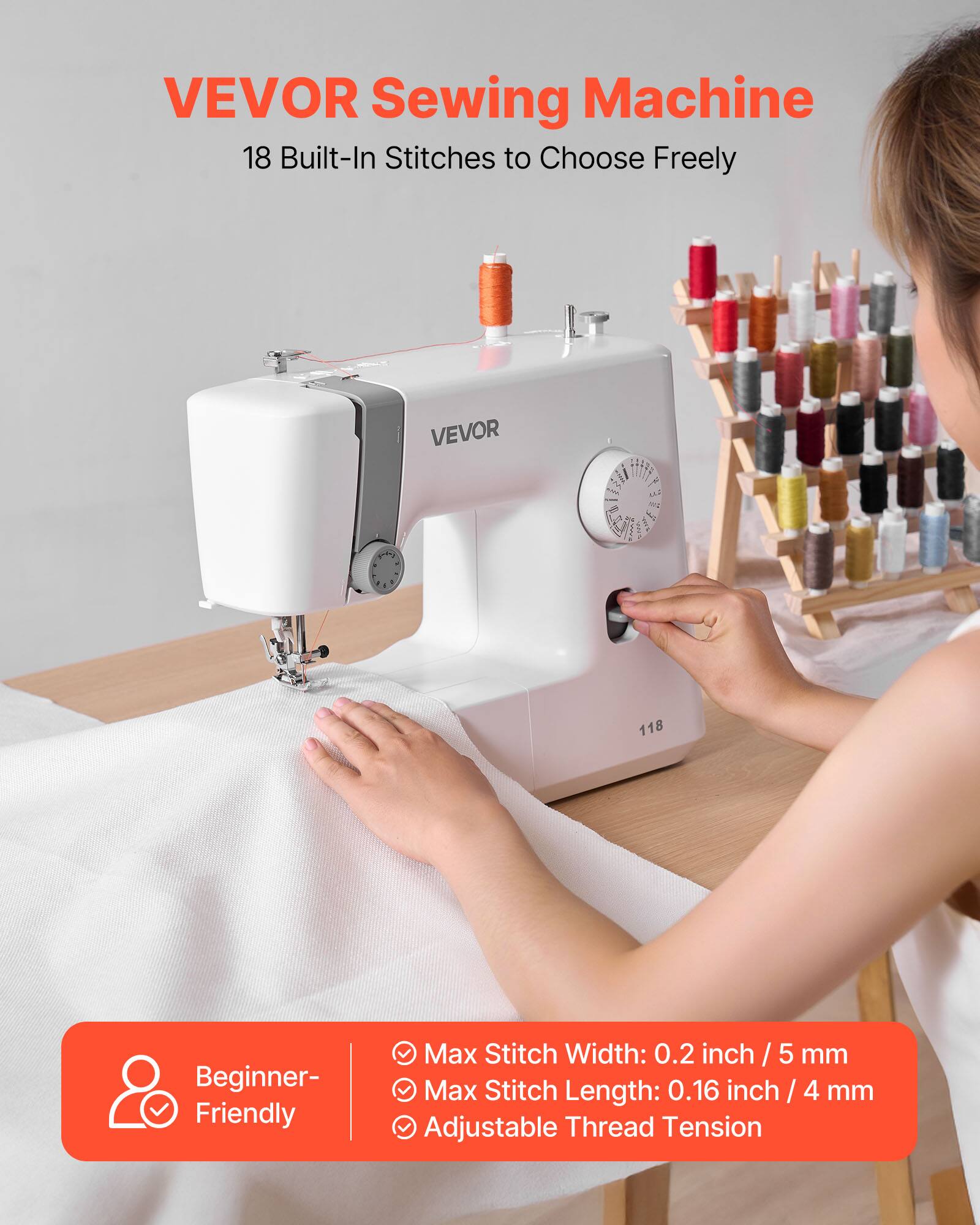 VEVOR Portable Sewing Machine with 18 Stitch Options, LED Illumination ...