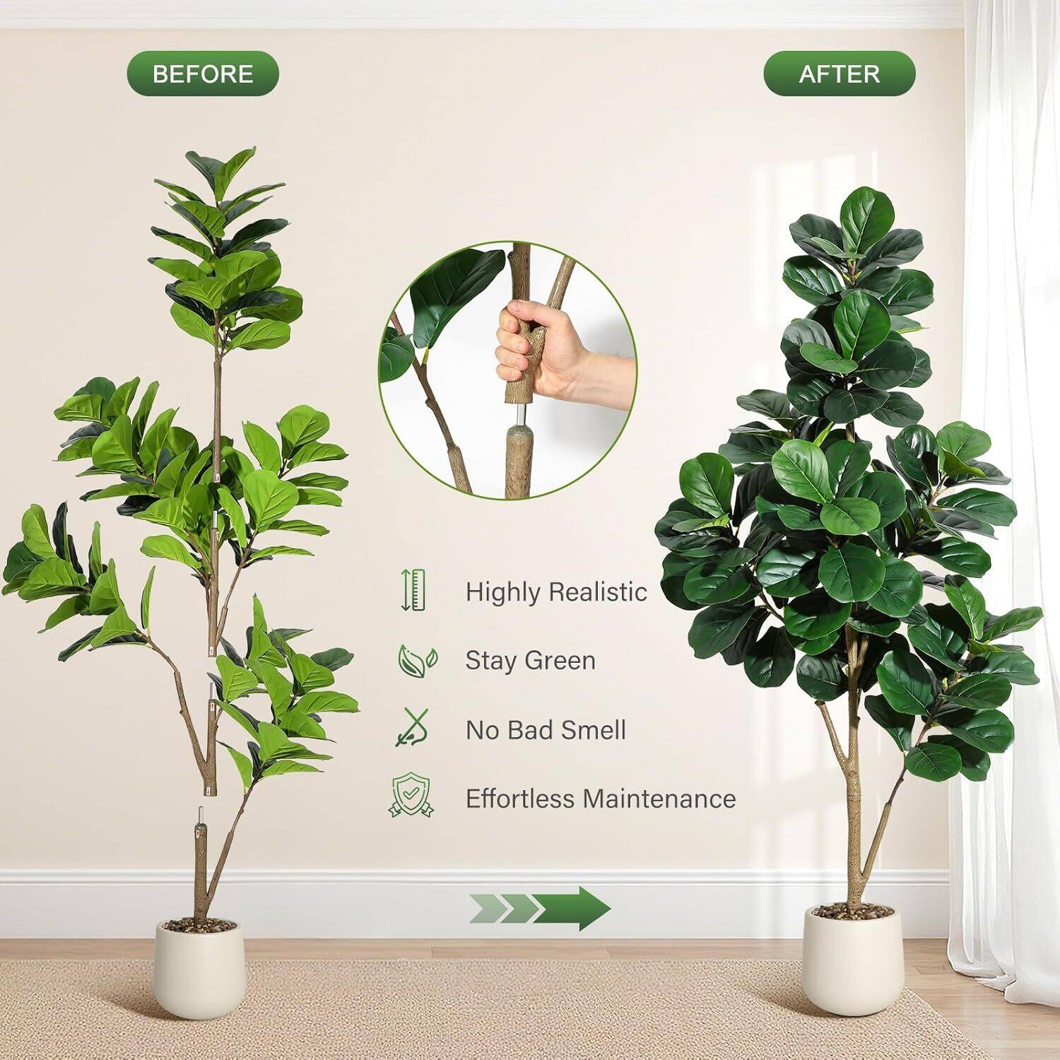Acekool 6 FT Artificial Fiddle Leaf Fig Tree with White Planter Pot for ...