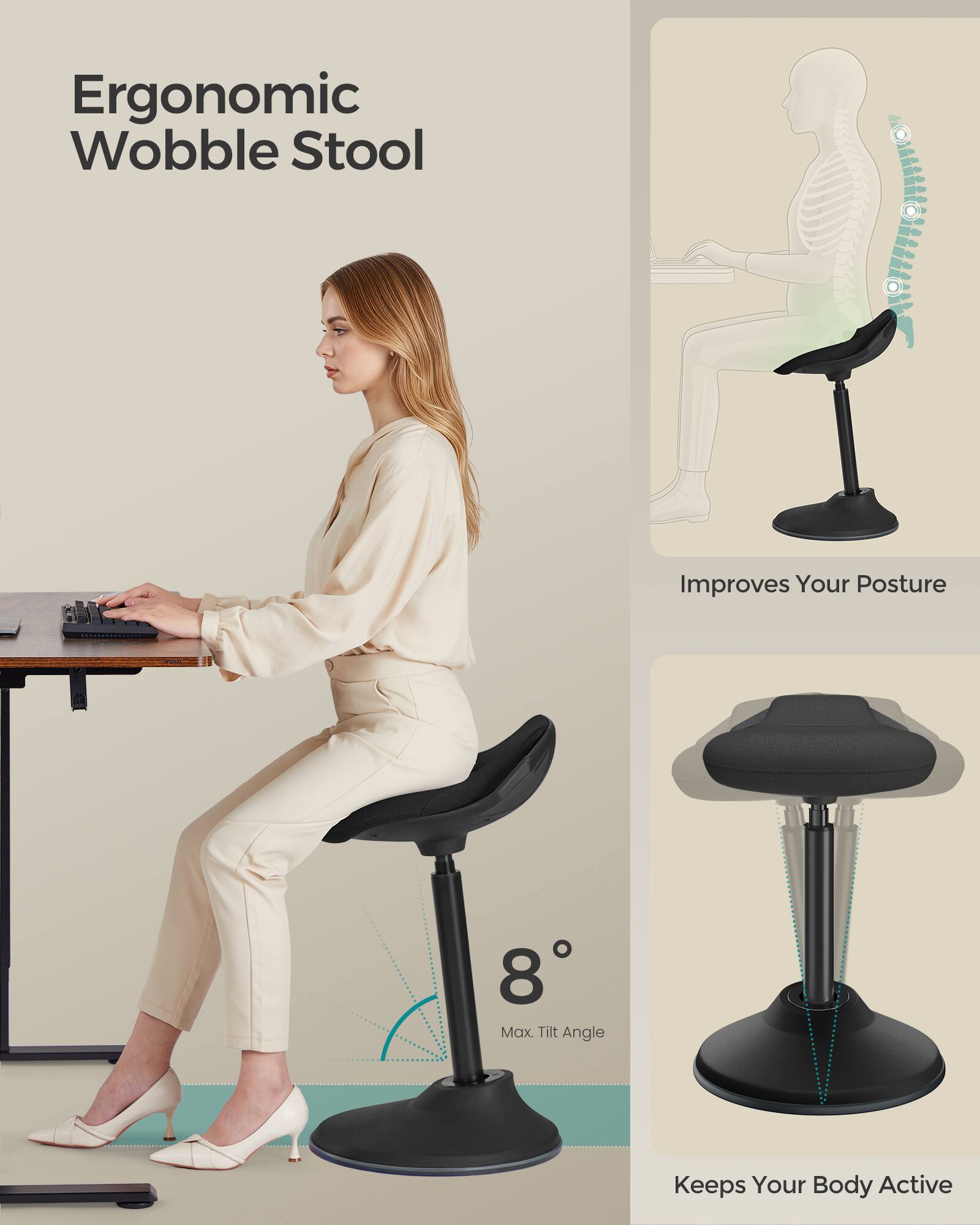 Songmics Home Ergonomic Wobble Stool, Height Adjustable Standing Desk ...