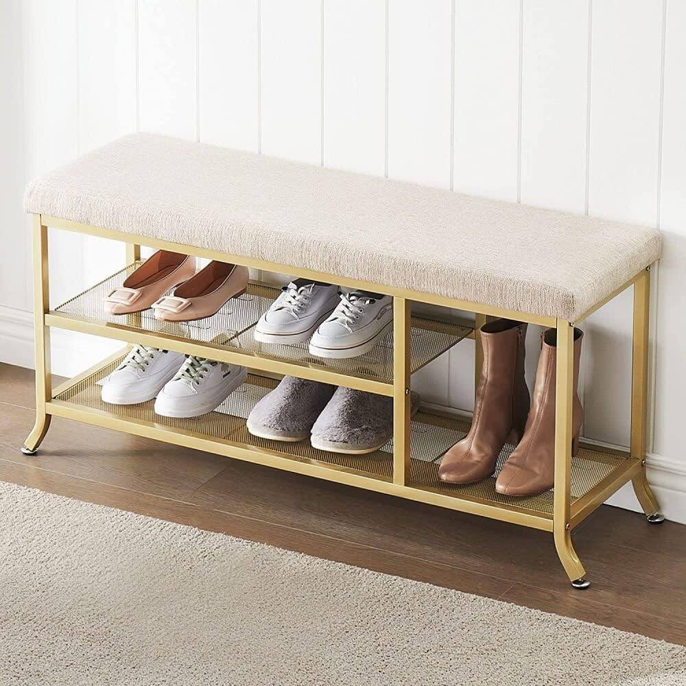 Acekool 2 Tier Shoe Rack Bench with Padded Seat, Metal Mesh Storage ...