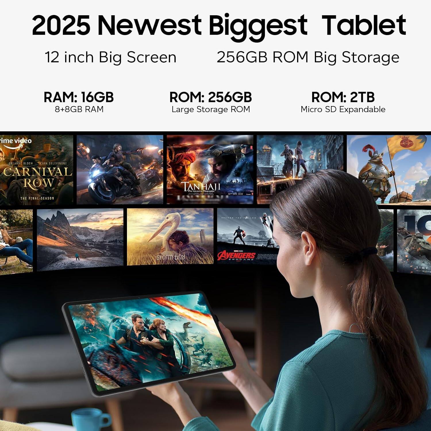 FEONAL Tablet 12 inch Large Screen, Android 15 Tablet 16GB RAM 256GB ...