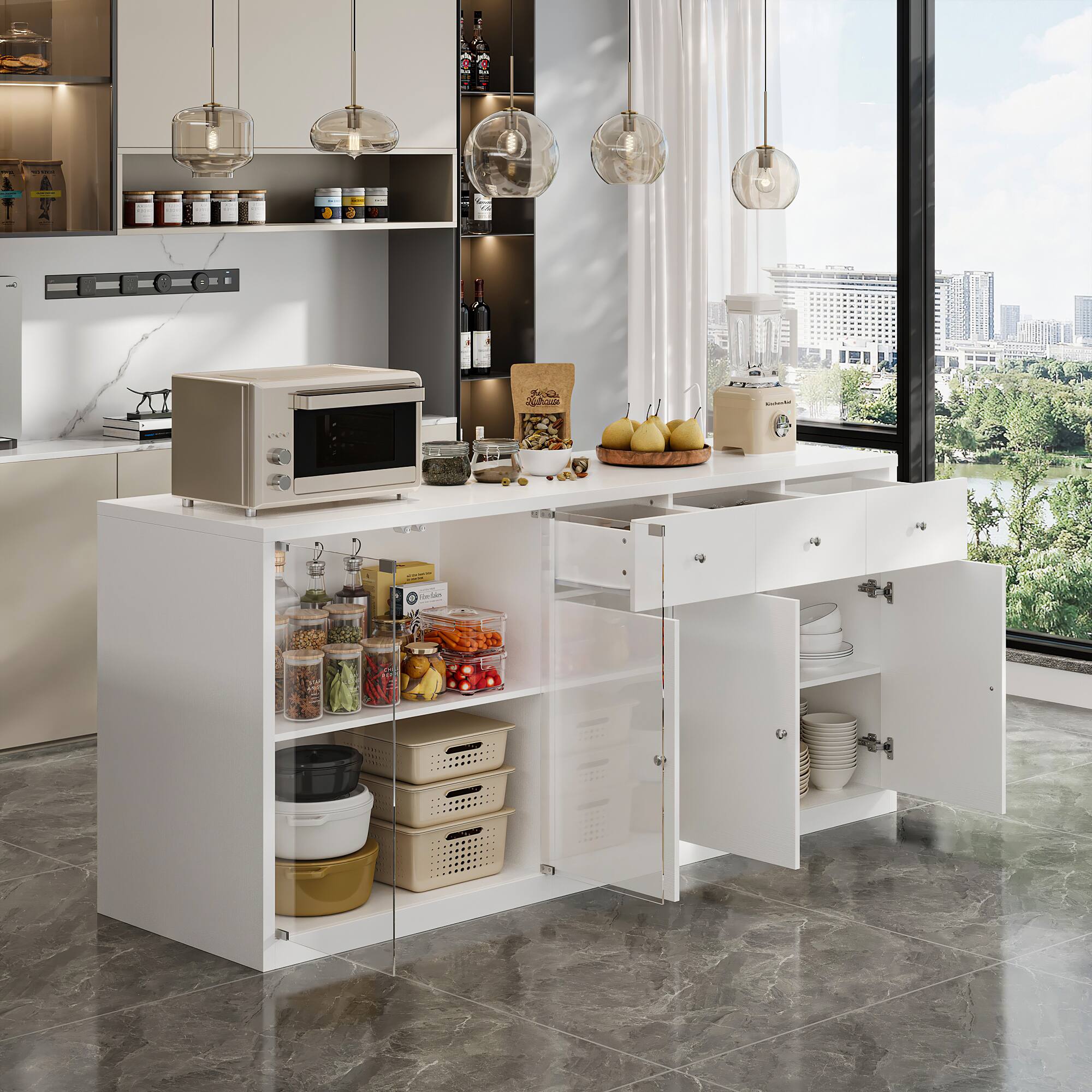 FUFU&GAGA Multi Functional Kitchen Storage Cabinet with Glass Doors ...