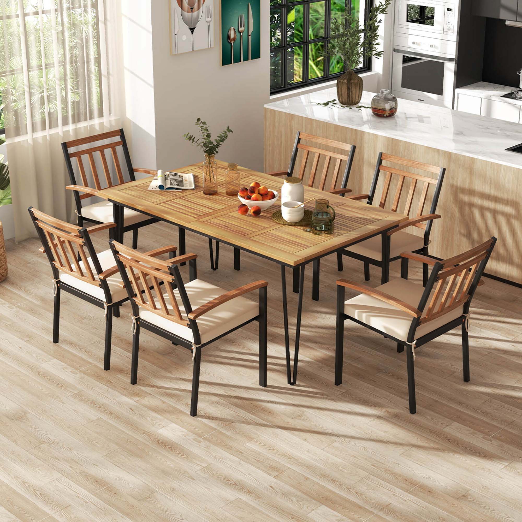 Costway 63 Inch Outdoor Dining Table for 6 People with Acacia Wood ...
