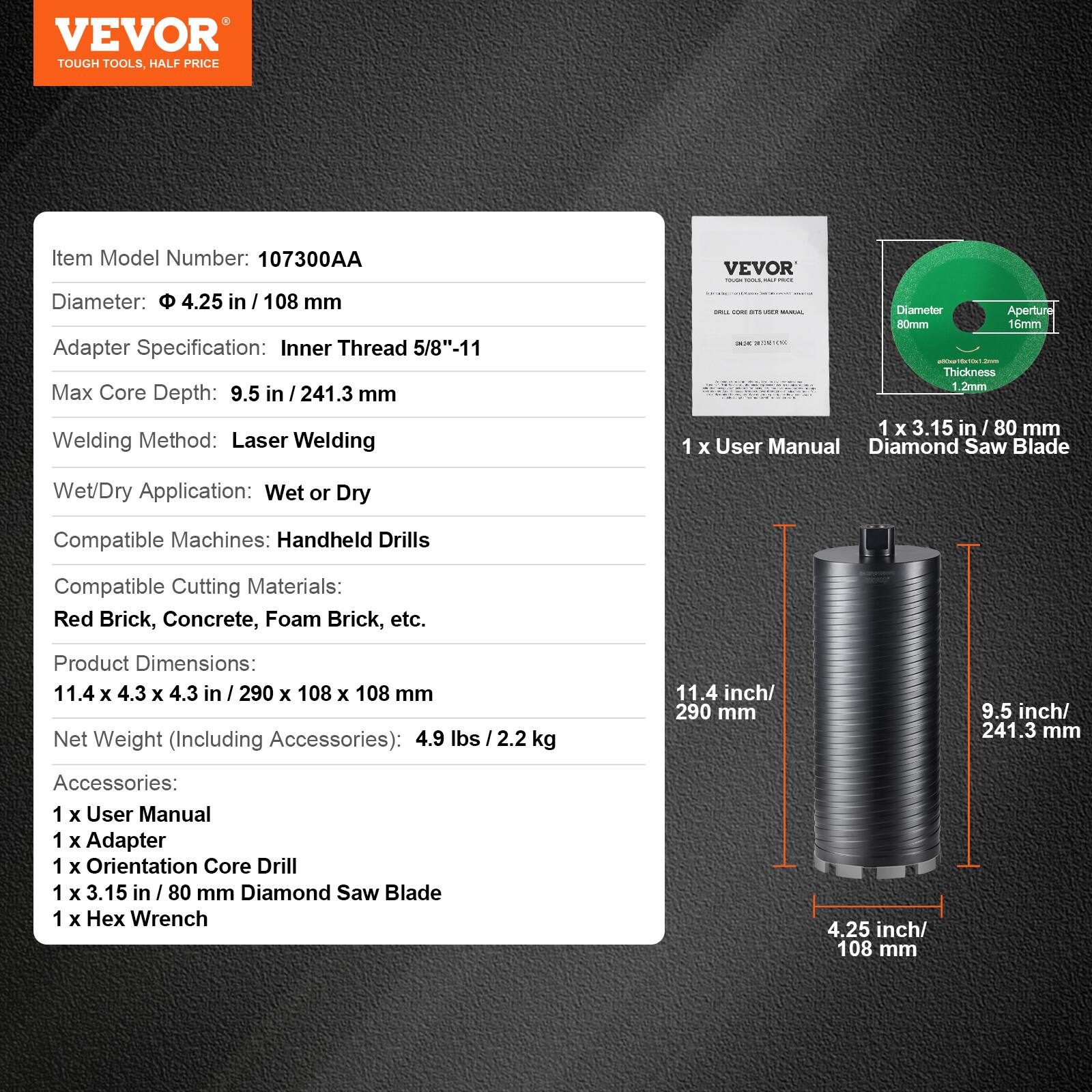 VEVOR Core Drill Bit, 4.25" Wet/Dry Diamond Core Drill Bits for Brick ...