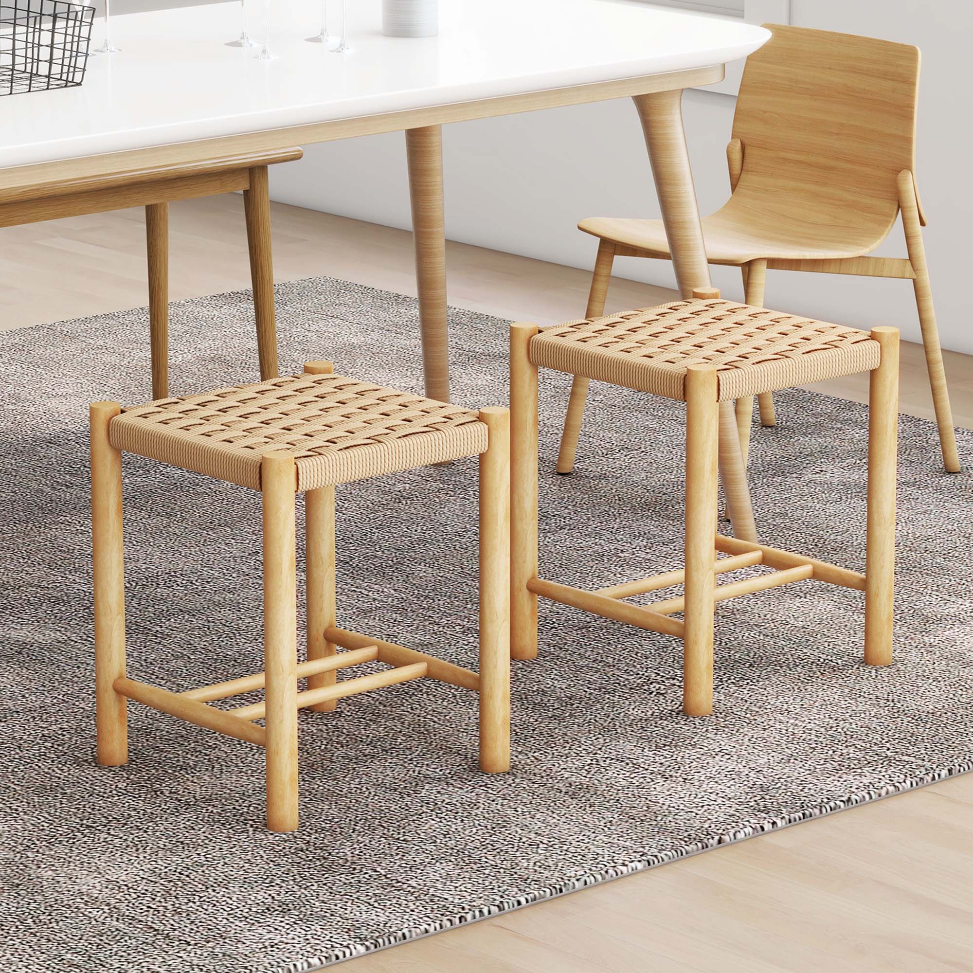 Costway Dining Stool Set of 2 18" Backless with Rubber Wood Frame Woven ...