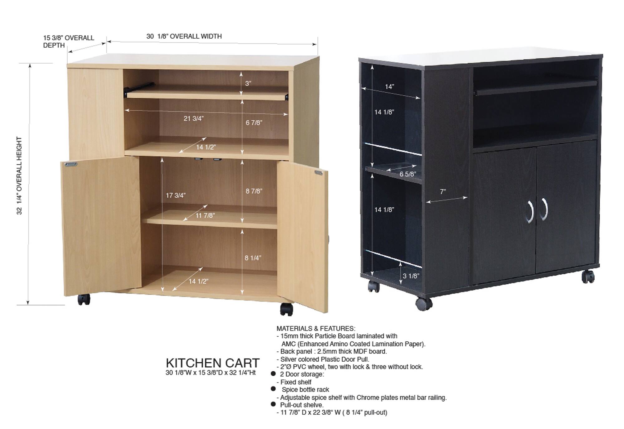 Kings Brand Furniture Alaina Kitchen Island Rolling Cart on Wheels with ...