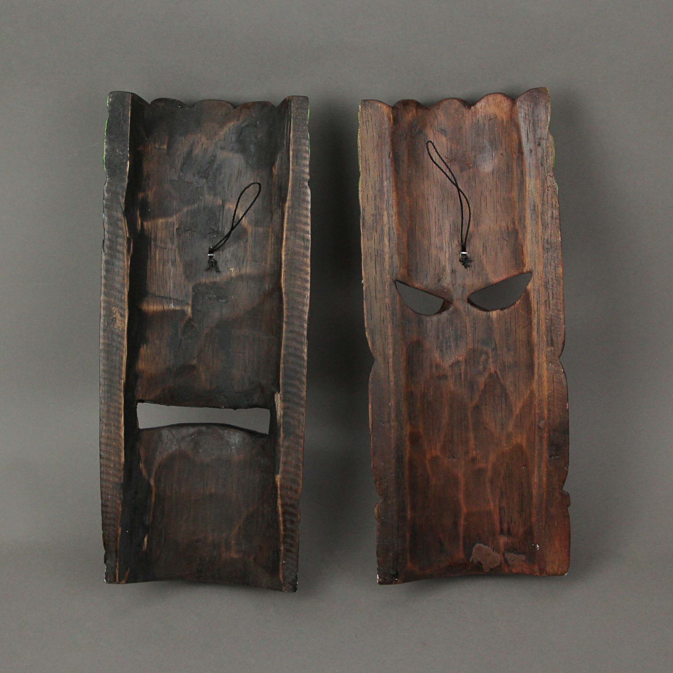J.D. Yeatts Set of 2 Hand Carved Wooden Tiki Masks Blue & Green Flame ...