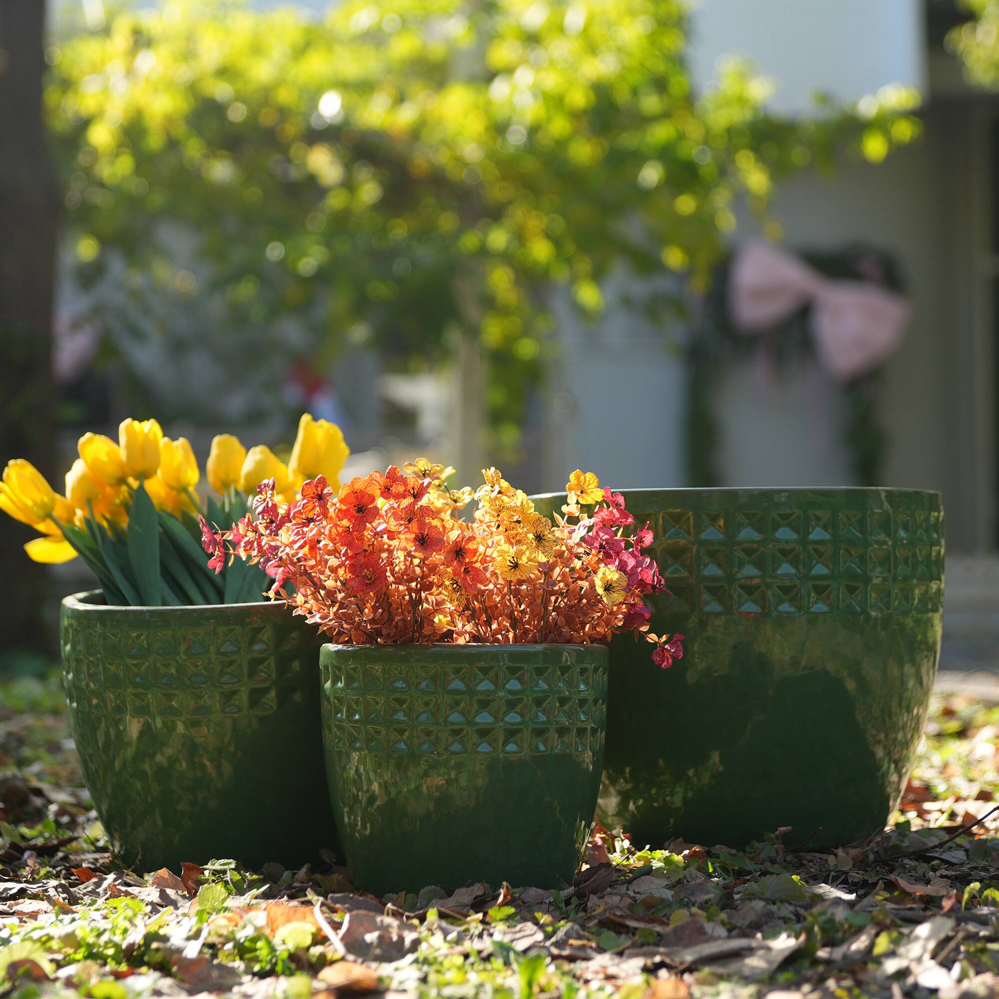 Loheer Ceramic Planter Set of 3 Handmade Green Plant Pots, Breathable ...