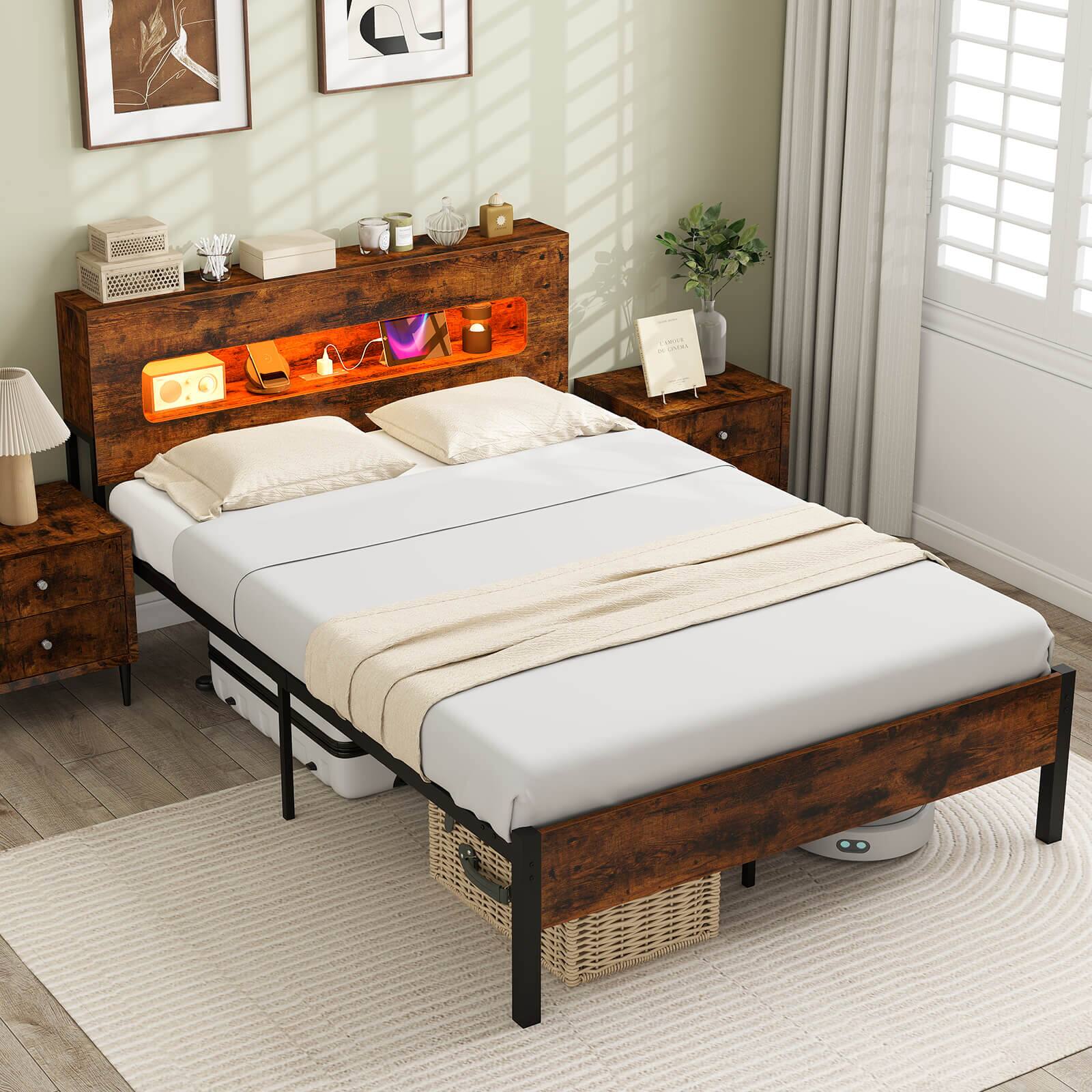 Costway Full Bed Frame with LED Lights Storage Headboard Power Outlets ...
