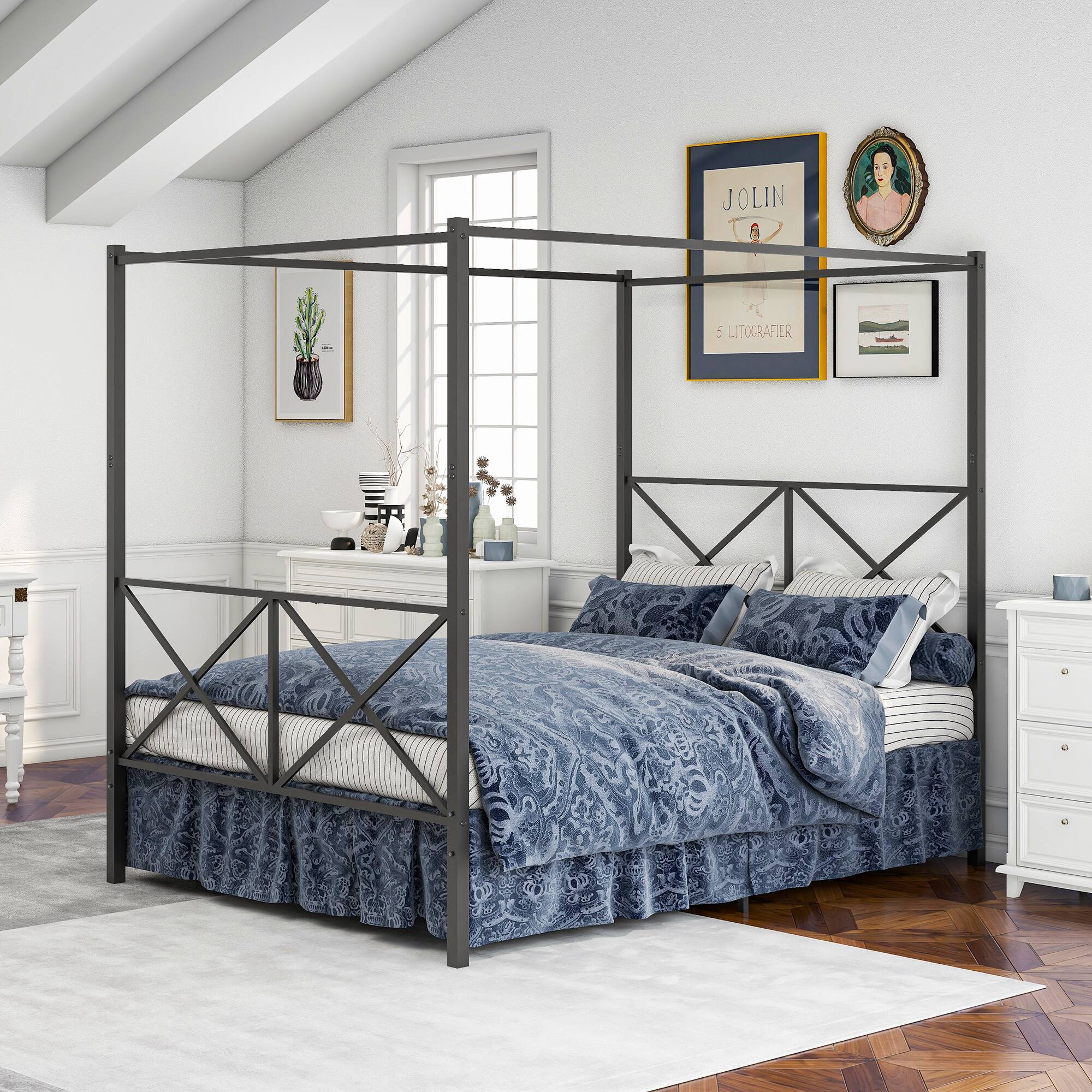 TinyHomie Metal Canopy Queen Bed Frame Platform X Shaped Frame Black Black SF-X-W84034643 - Best Buy