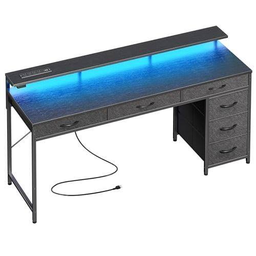Hirose Alice Gaming Desk With 6 Drawers Computer Led Lights Power ...