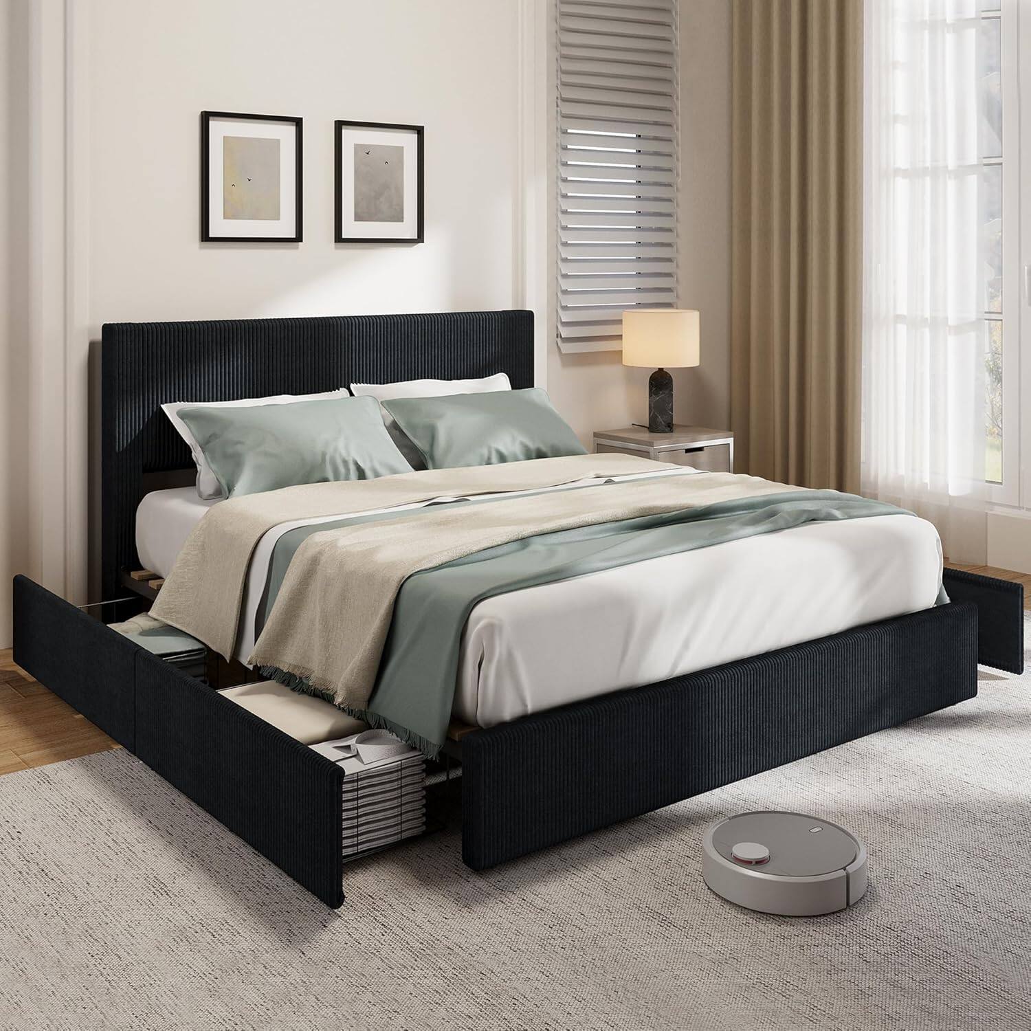 Jojoka Black Corduroy Queen Bed Frame with Headboard & 4 Storage ...