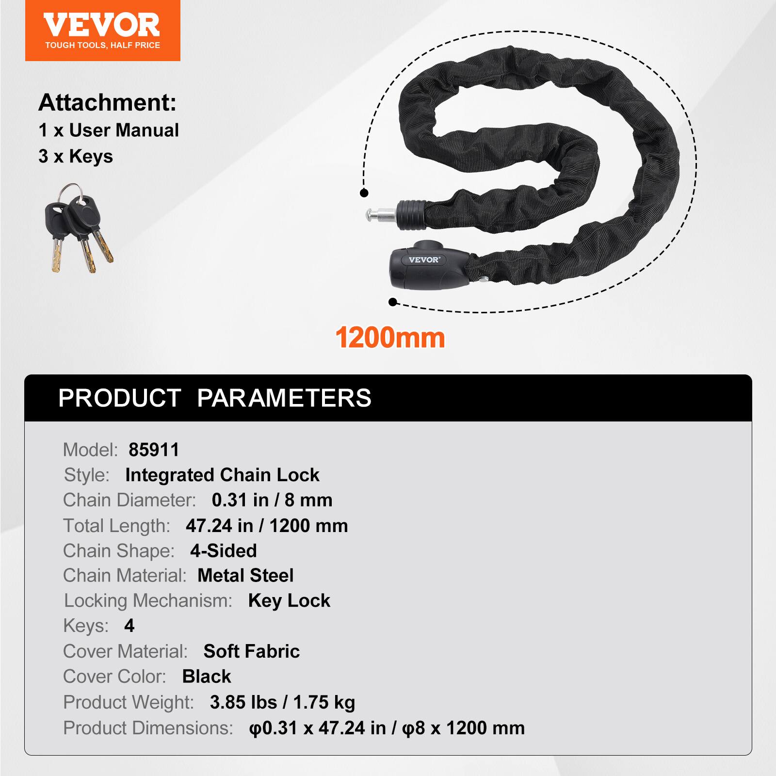 VEVOR Bike Chain Lock, 3.94 Ft Combination Bicycle Chain Lock with 4 Keys, Heavy Duty Anti Theft ...