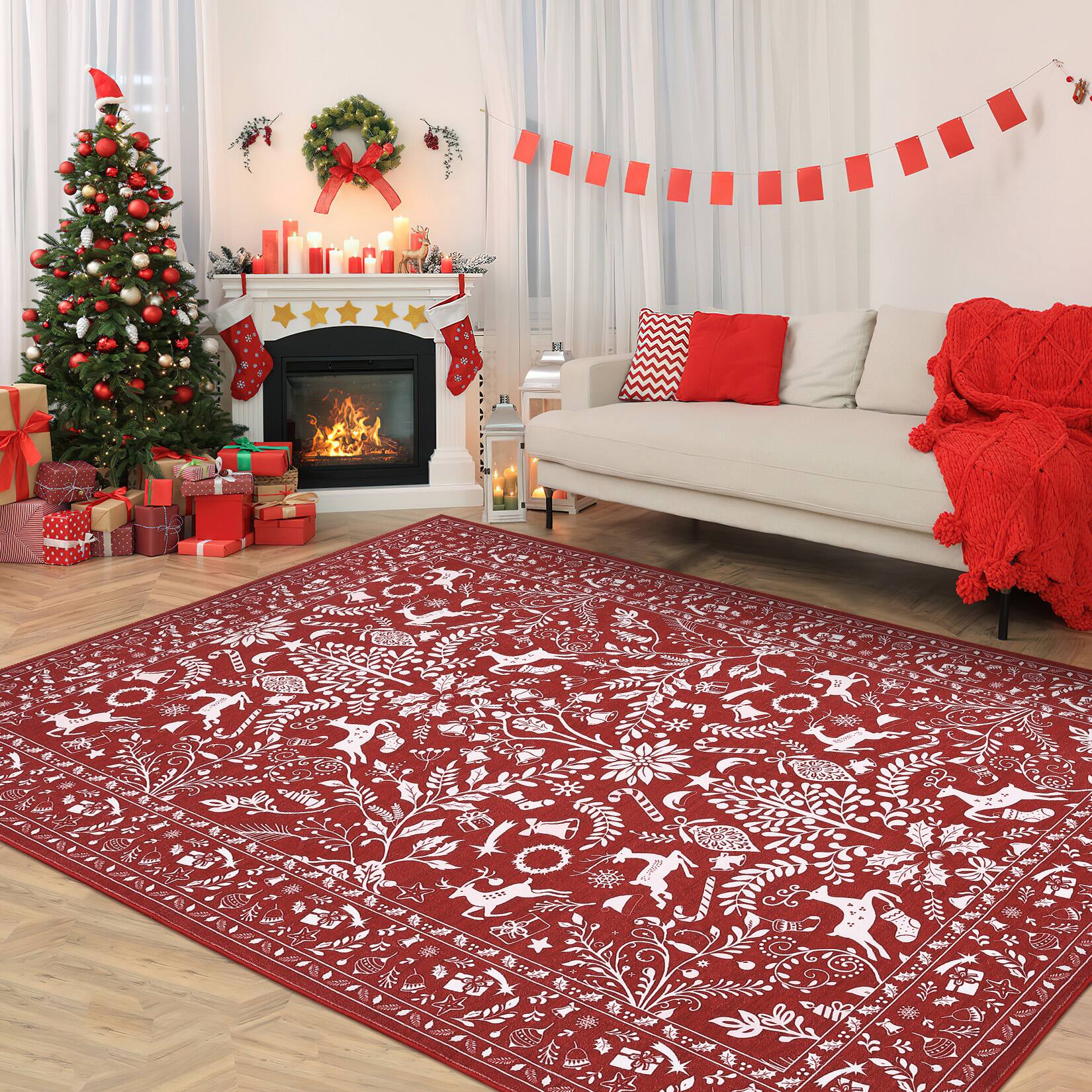 GARVEE Classical Festive Reindeer & Bells Area Rug for Dining Room Non ...