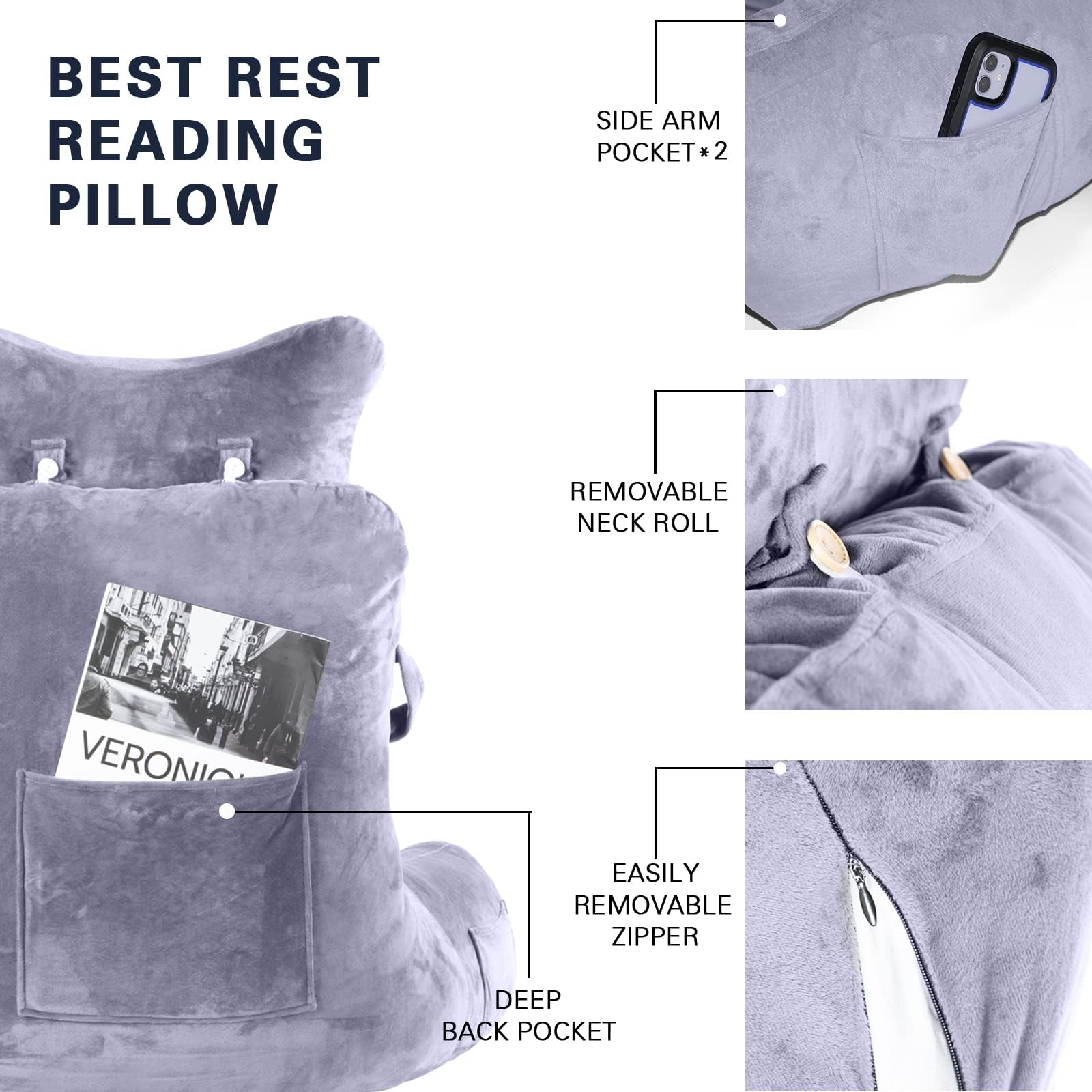 MAGICAL RUBS Reading Pillow bed Rest Pillow With Detachable Neck Roll ...