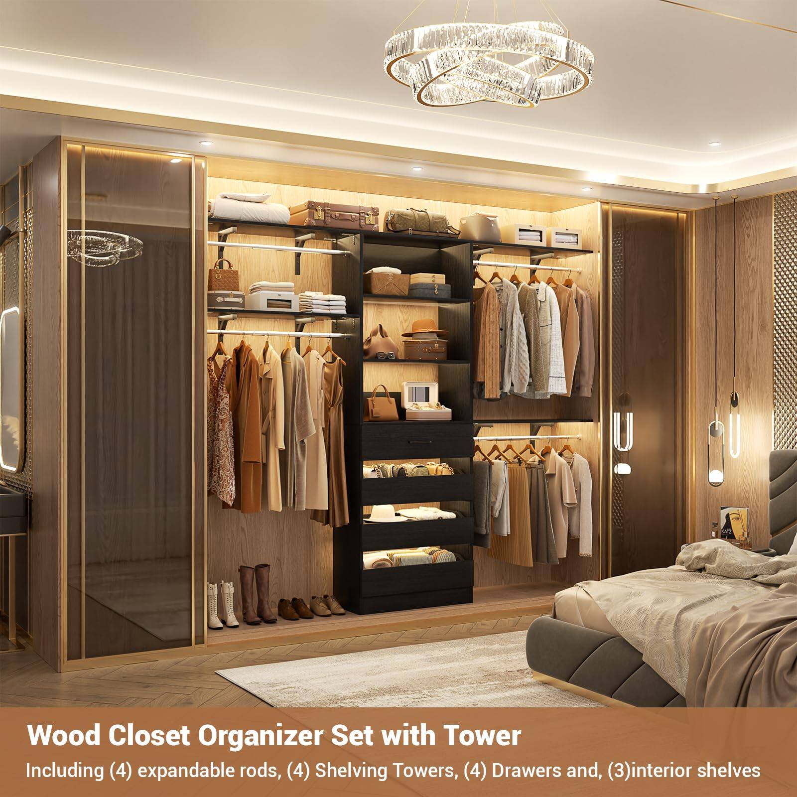 Aheaplus 2 Piece Wood Closet System with 8 Hanging Rods & 4 Drawers ...
