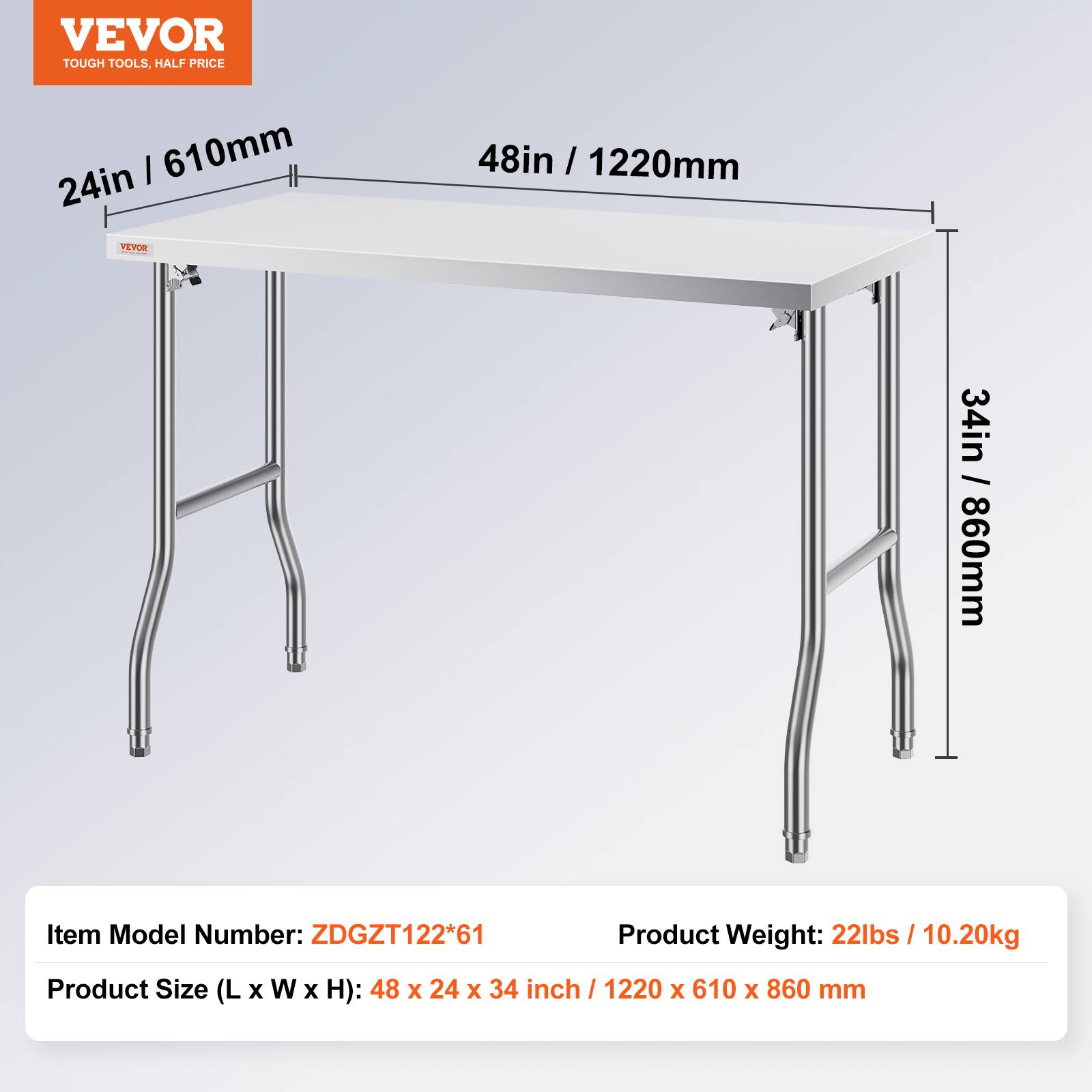 VEVOR Folding Commercial Prep Table, 48 x 24 Inch Commercial Worktable ...
