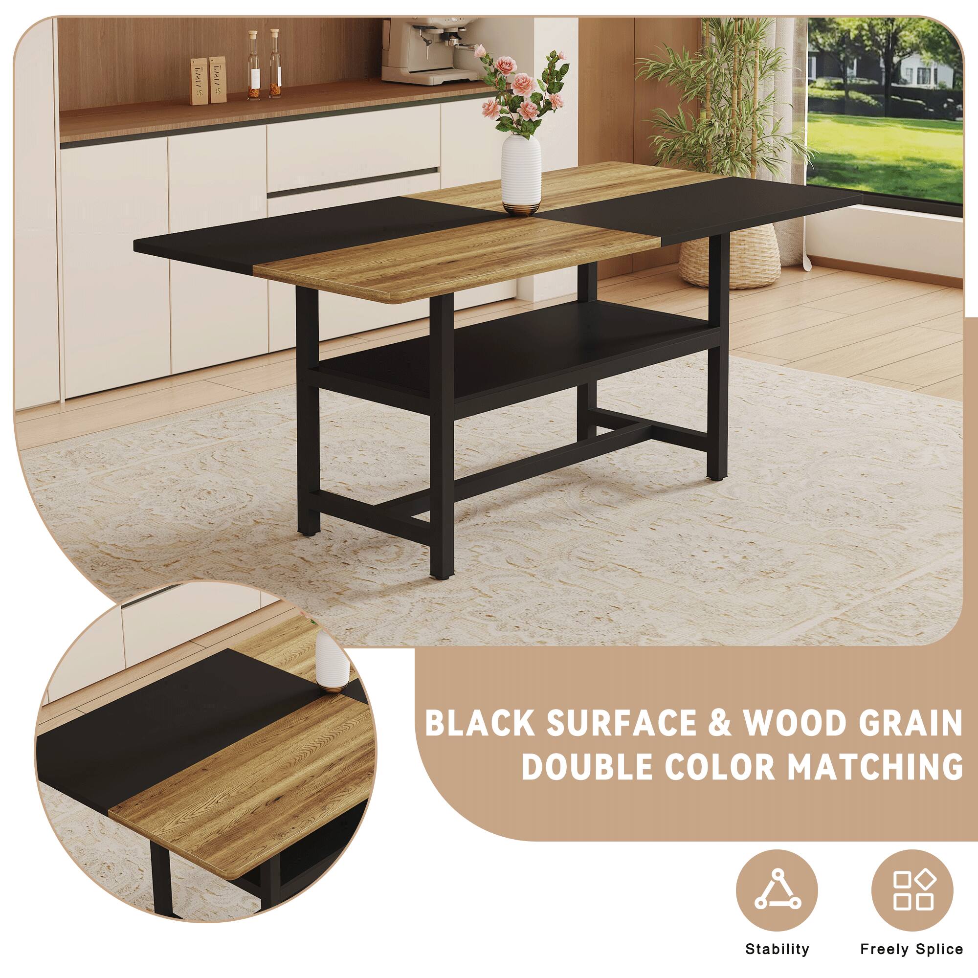 TinyHomie 71 x 35.4 inch Wooden And Black Spliced Dining Table With ...