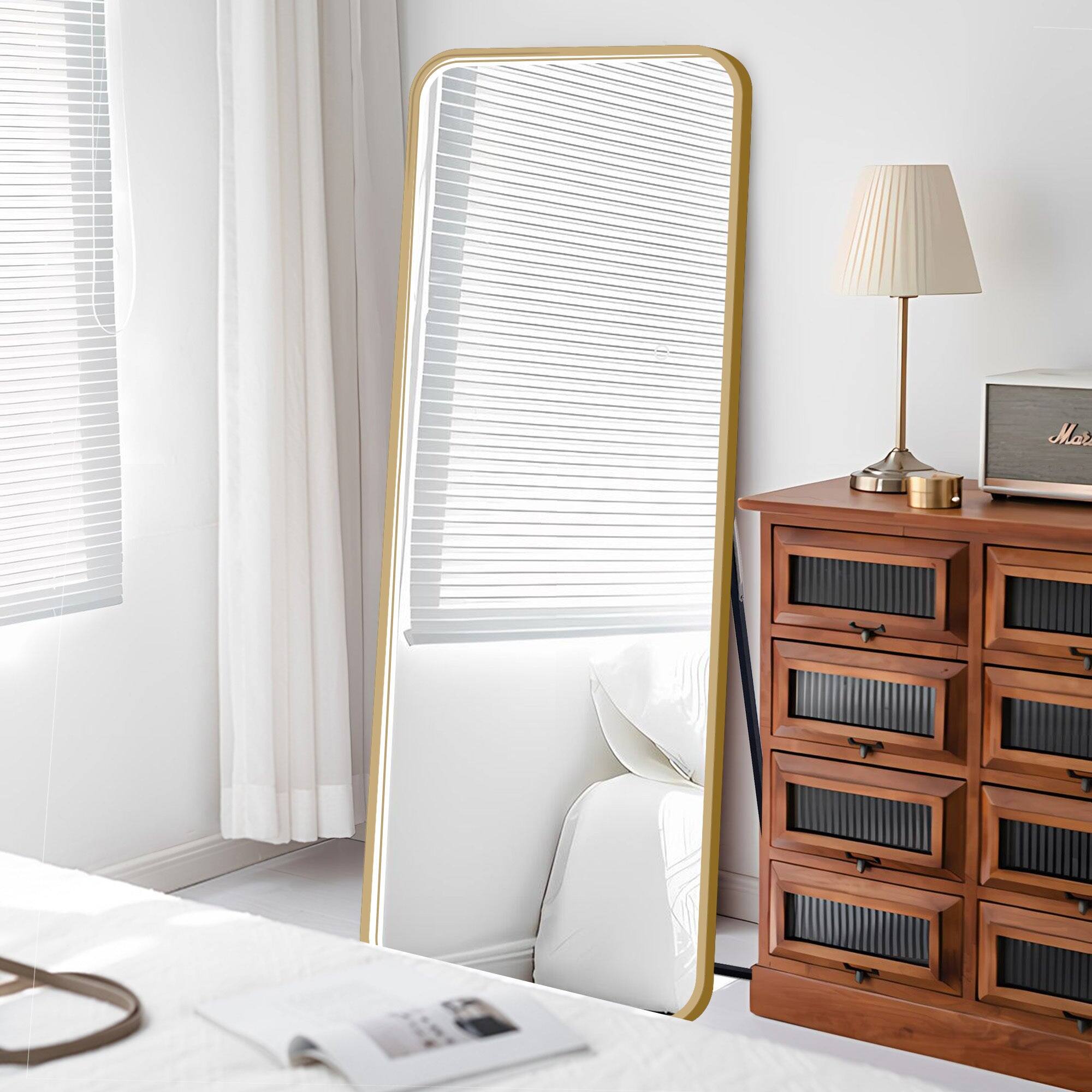 BreeBe 64 in Full Length LED Mirror 3 Color Dimmable Lights Gold Frame ...