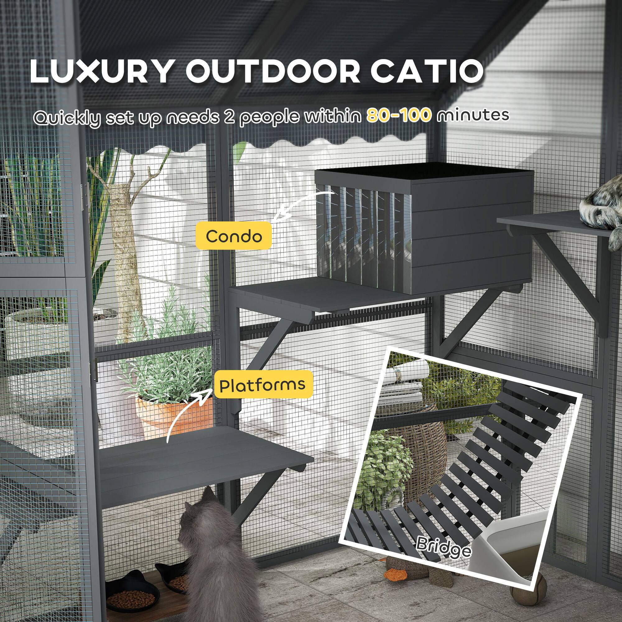 Pawhut Catio Outdoor Cat Enclosure with Waterproof Cover, 2 Condos, 4 ...