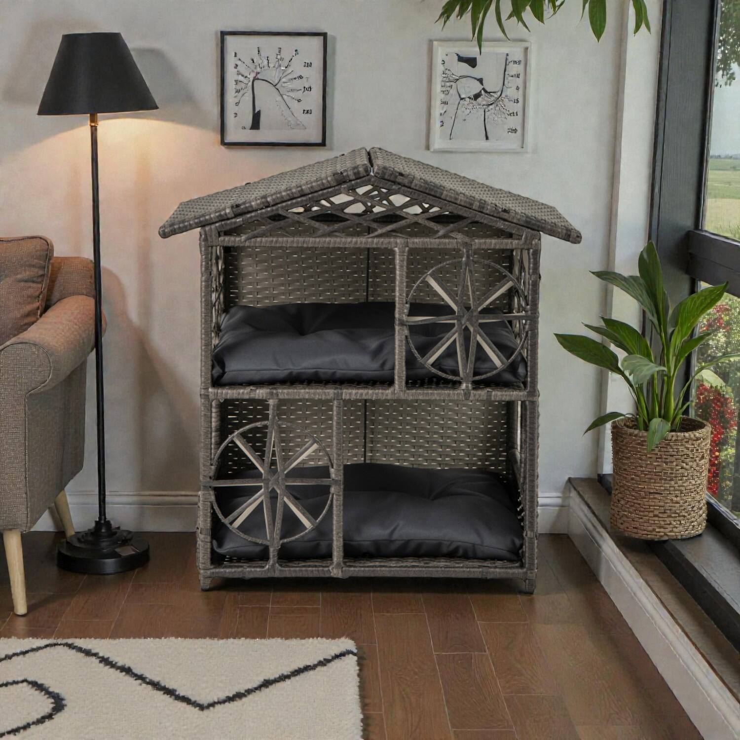 BreeBe 2 Level Wicker Cat Enclosure Featuring Cozy Cushions and Rattan ...