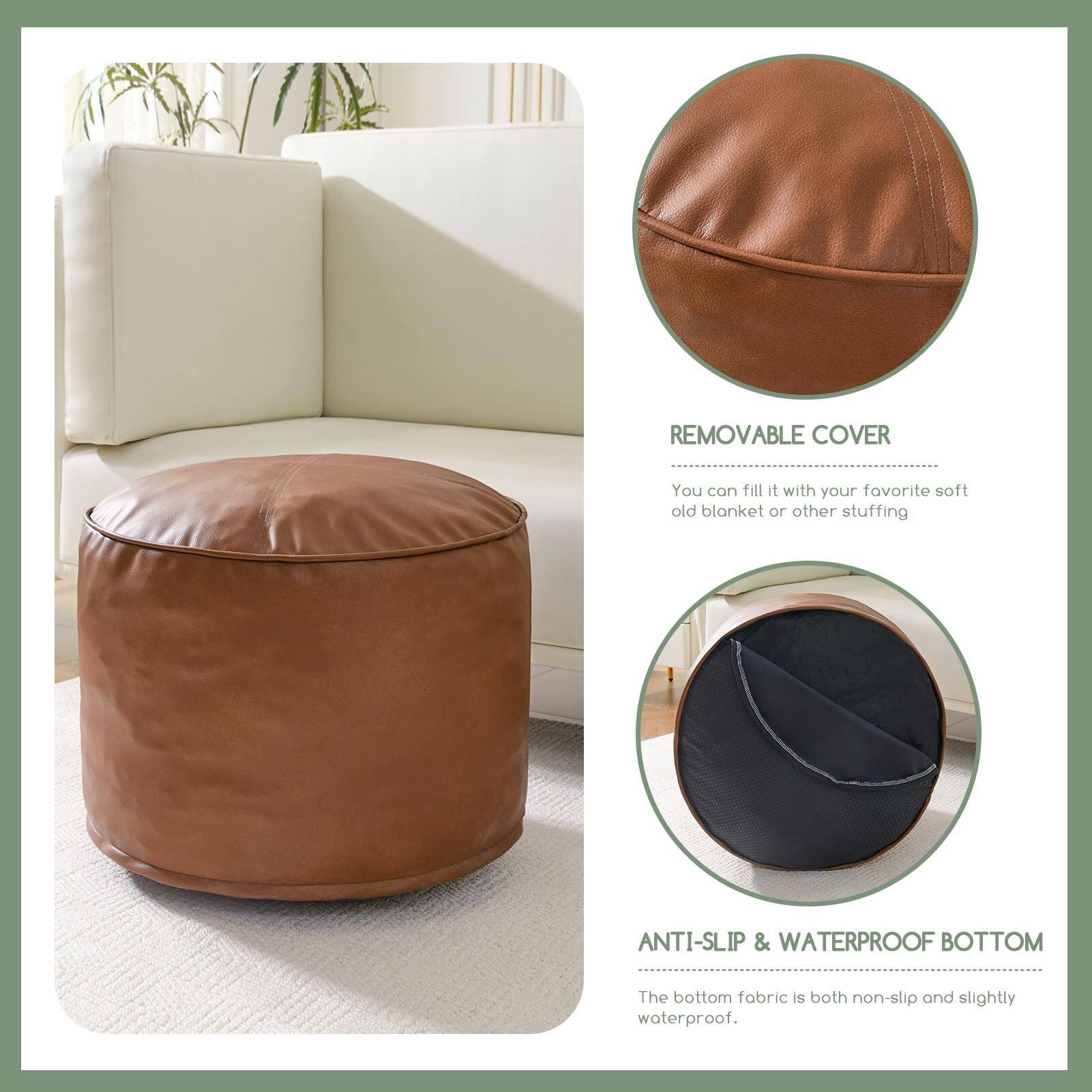 Fabibe Round Stuffed Pouf Ottoman, Pu Leather Poufs with Foam Chunk ...