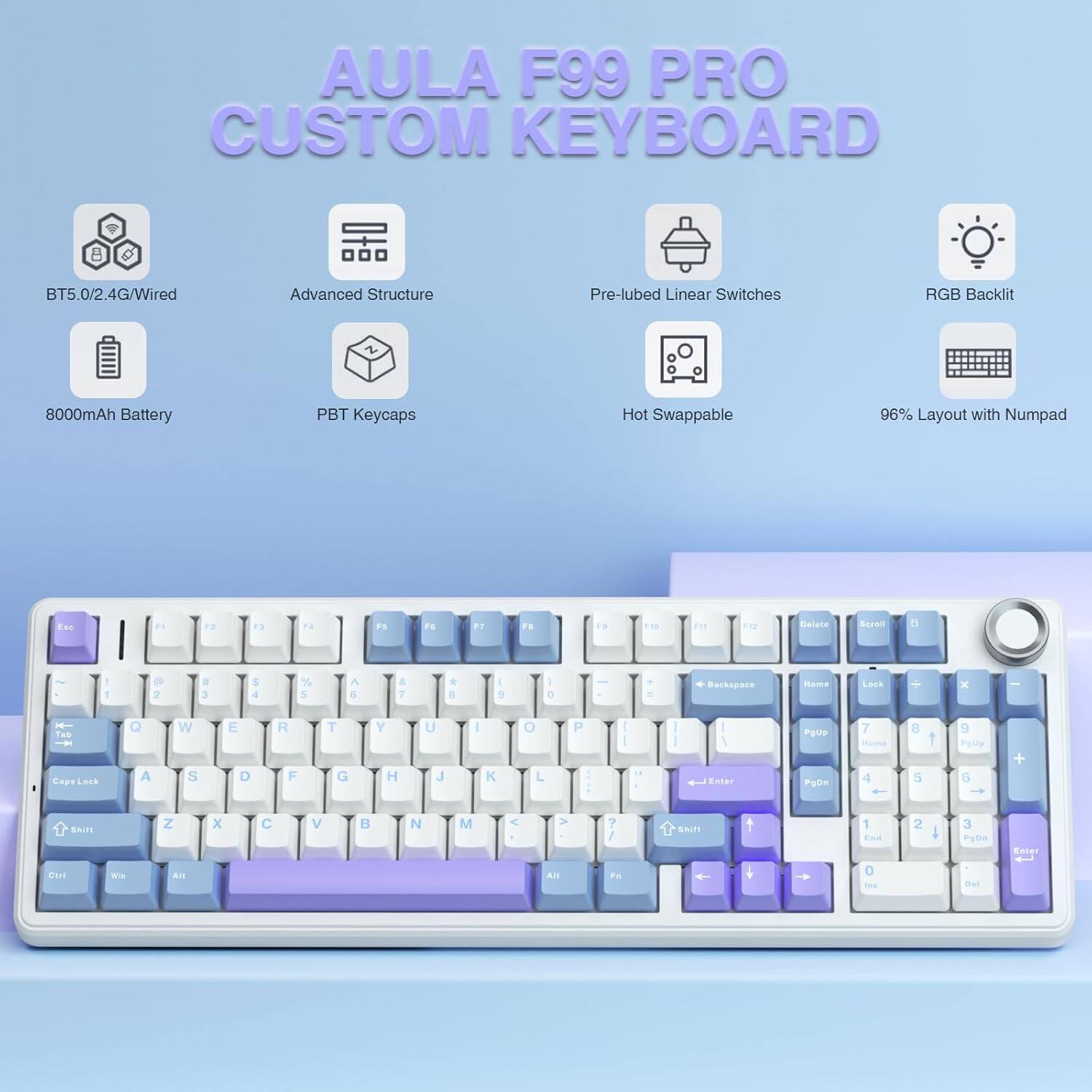 AULA F99 Pro, 99 Key, Wireless, Hot Swappable, Mechanical Gaming Keyboard, RGB, 5 Layer Padding ...