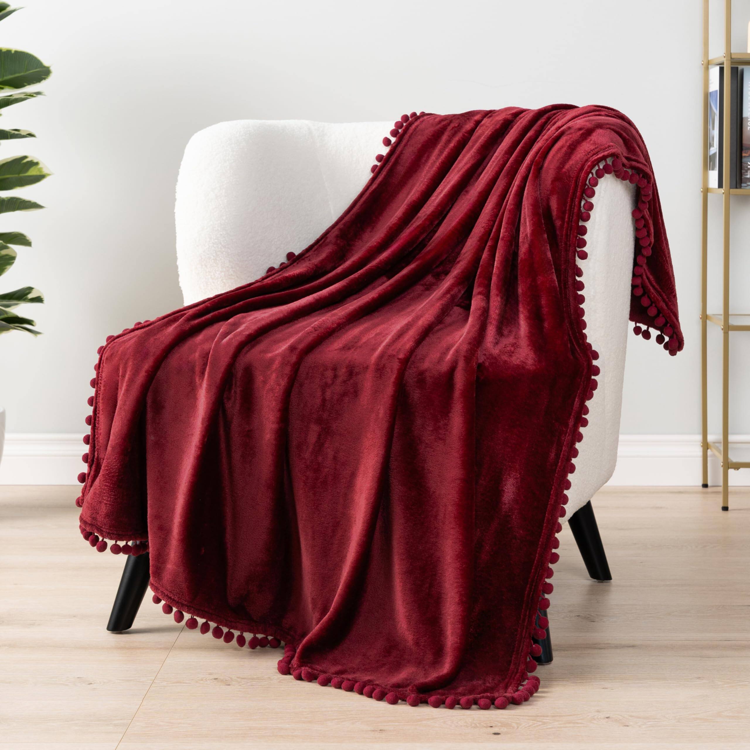 Dapper Styles Fleece Throw Blanket For Couch With Pom Fringe Maroon ...