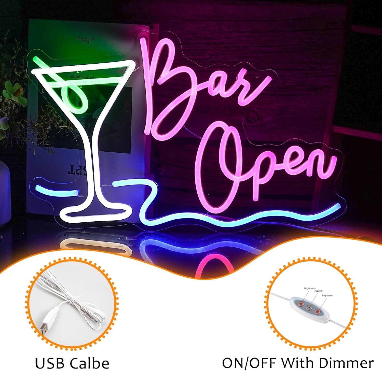 Auledio Bar Open Neon Sign Dimmable LED Cocktail Neon Lights Signs for ...