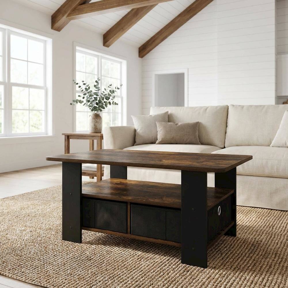 FurniFact Amber Pine Black Coffee Table with Bin Drawer and Durable ...