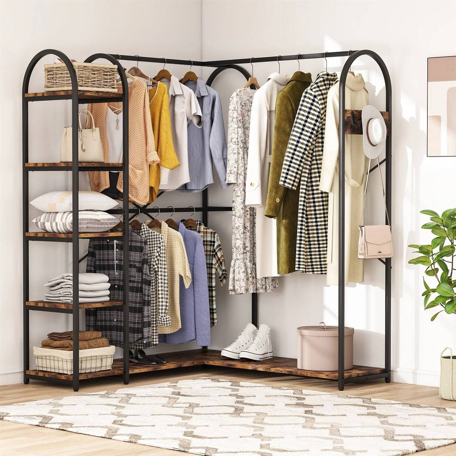 Hivvago Corner L Shaped Garment Rack with Clothing Hanging Rods and ...