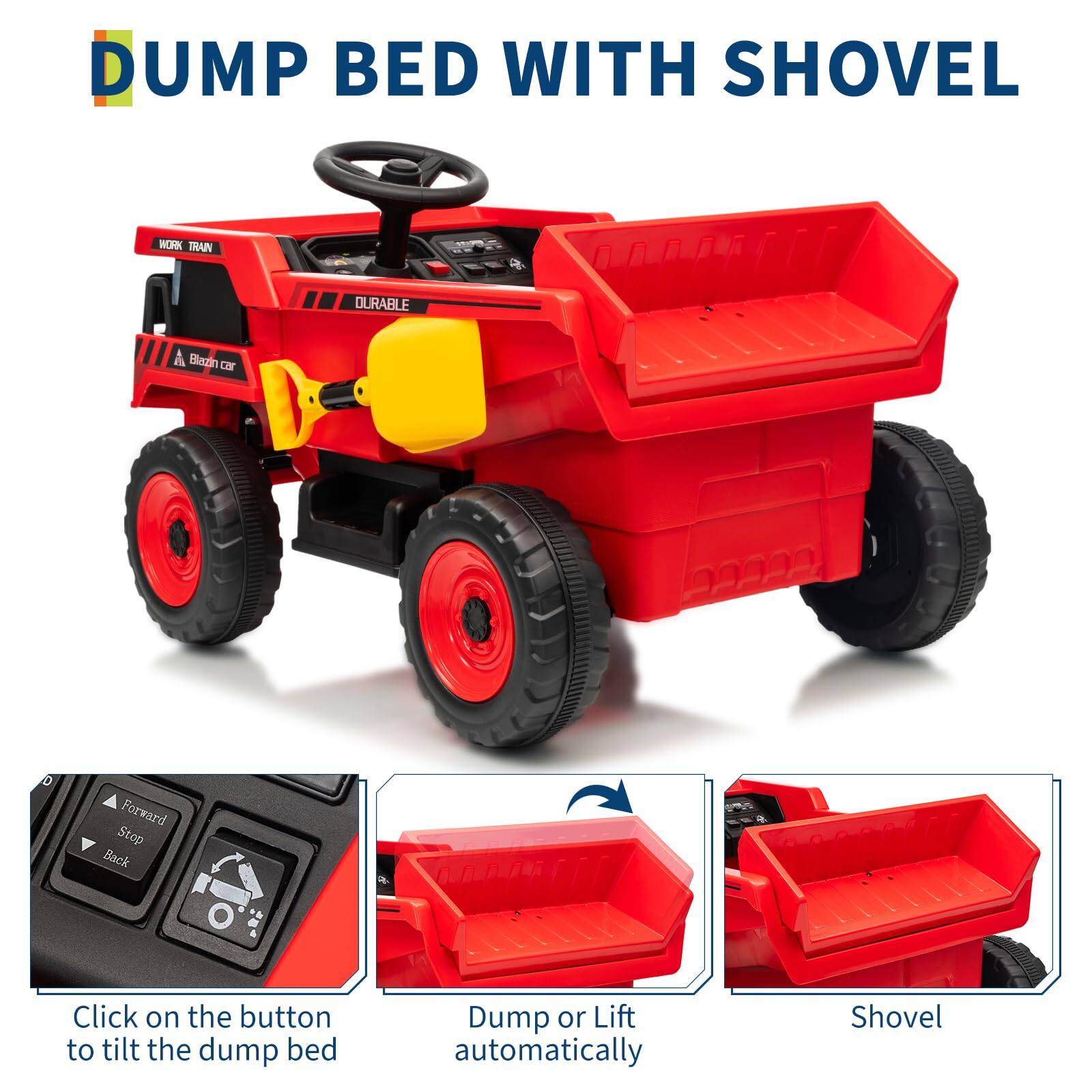 Acekool 12V Ride On Dump Truck w/Remote Auto Lift Bed, Shovel, LED ...