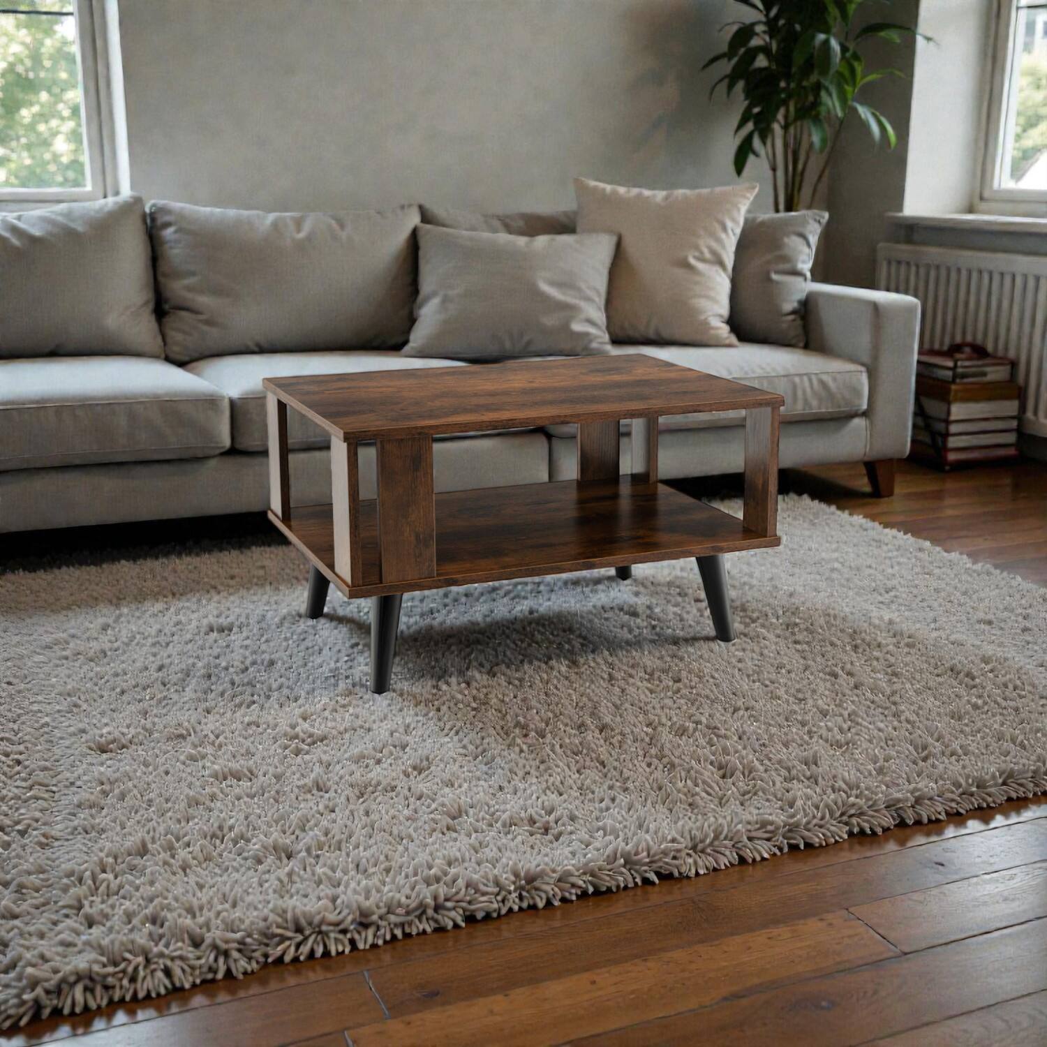 Hivvago Retro Style Compact Coffee Table with Display Shelf Rustic ...