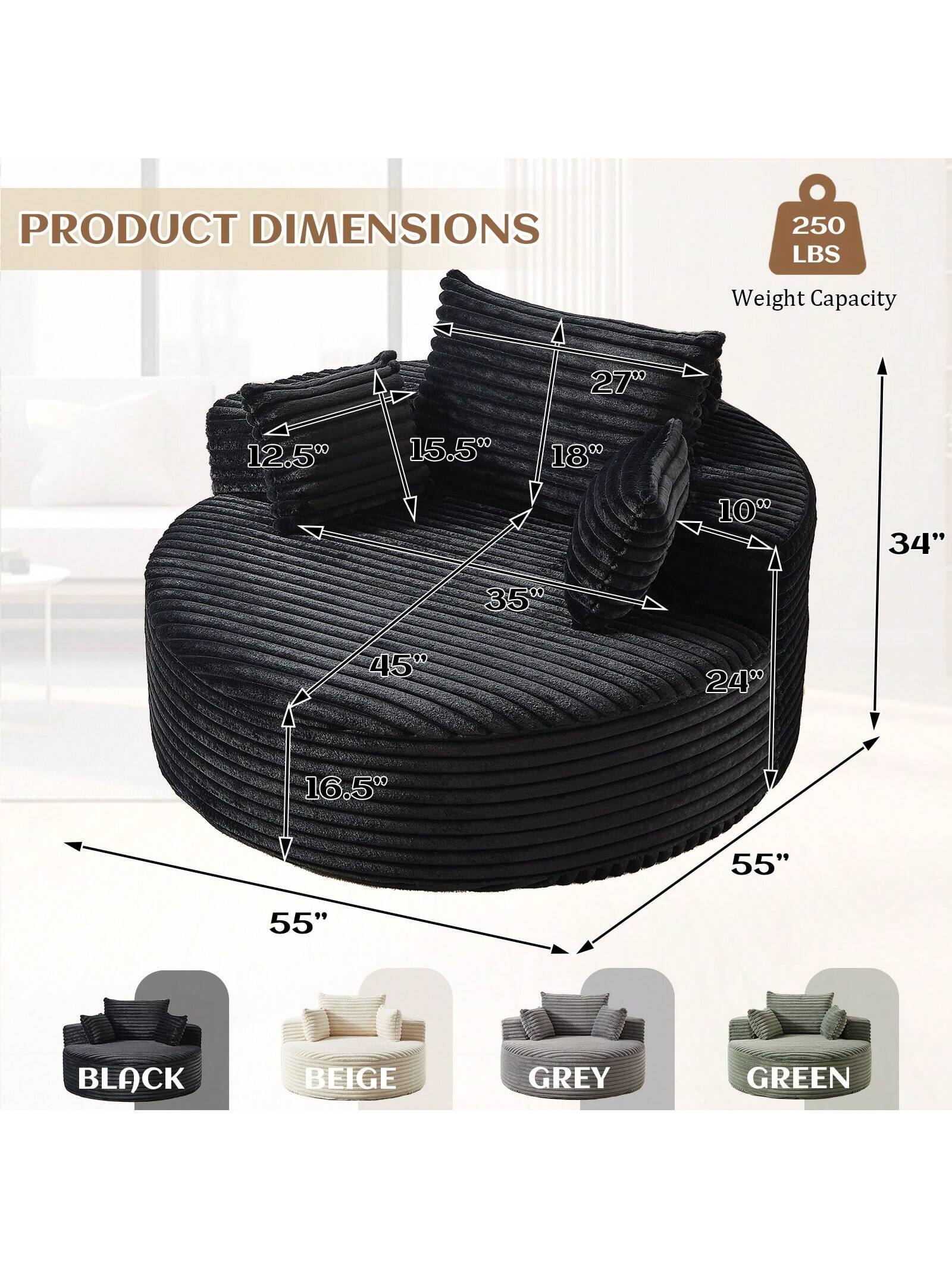 Trinkets Crazed 55" L Corduroy Sponge Single Sofa, Oversized Round ...