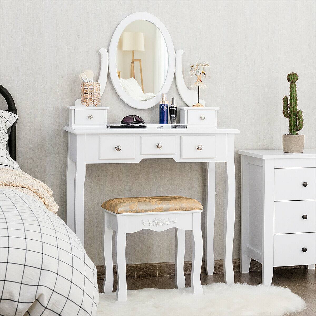Costway Vanity Table Dressing Table 5 Make Up Table Stool White ...