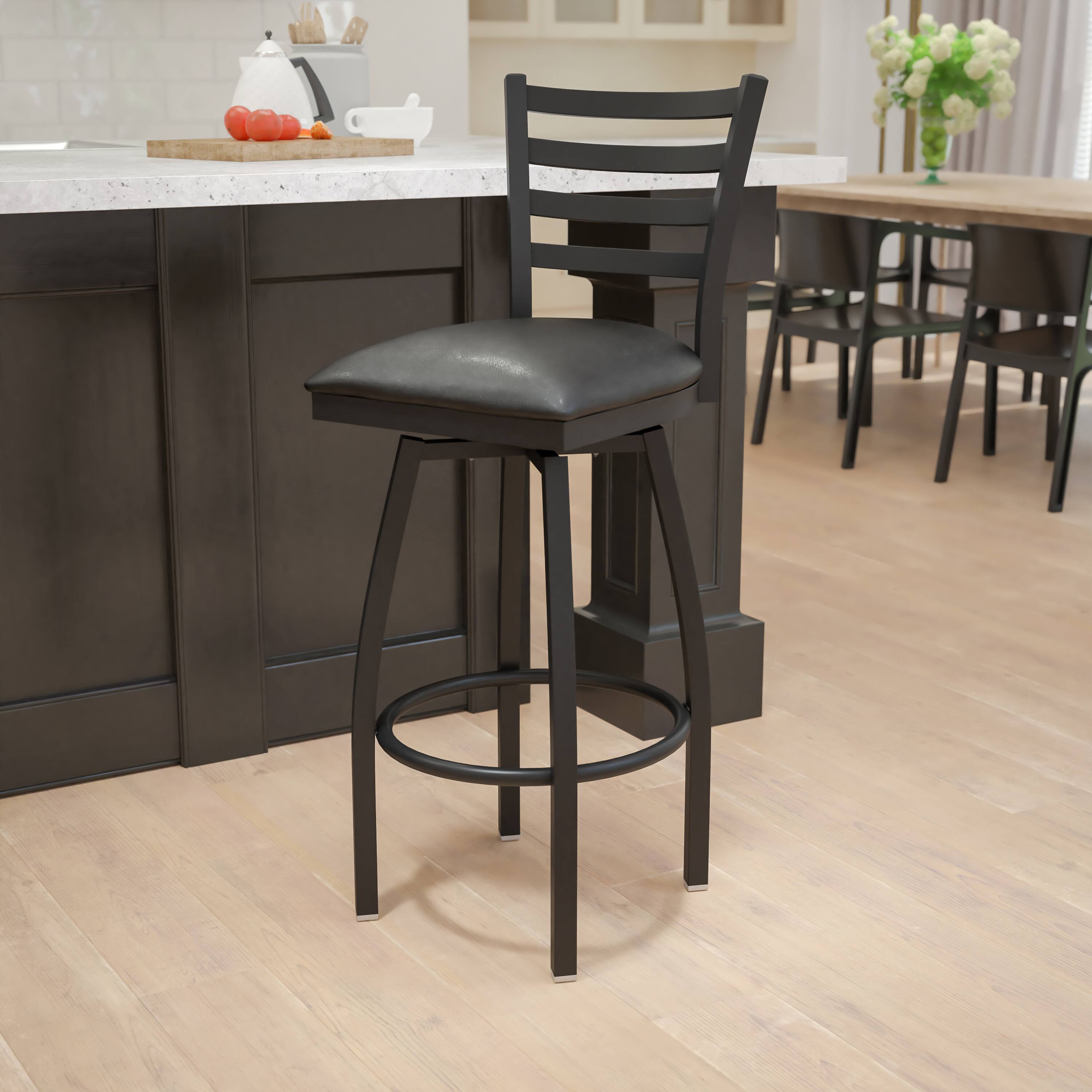 Emma + Oliver Ladder Back Swivel Metal Restaurant Dining Barstool Black ...