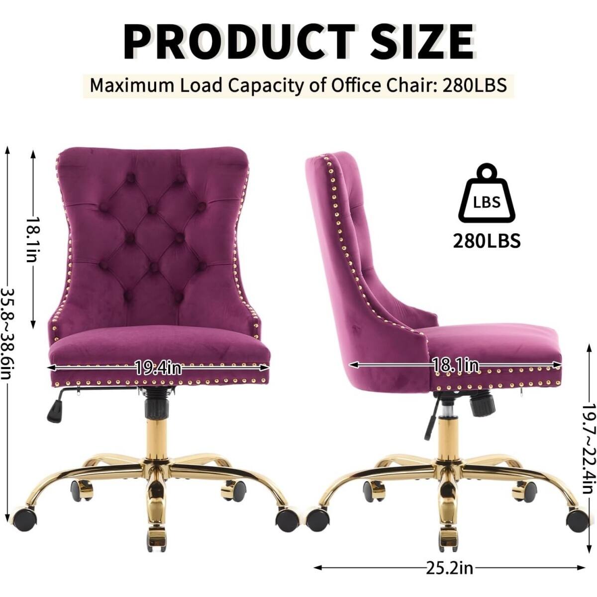 HTUTWOO Velvet Tufted Vanity Chair with Gold Base 360° Swivel Wheels & Wide Soft Comfortable ...