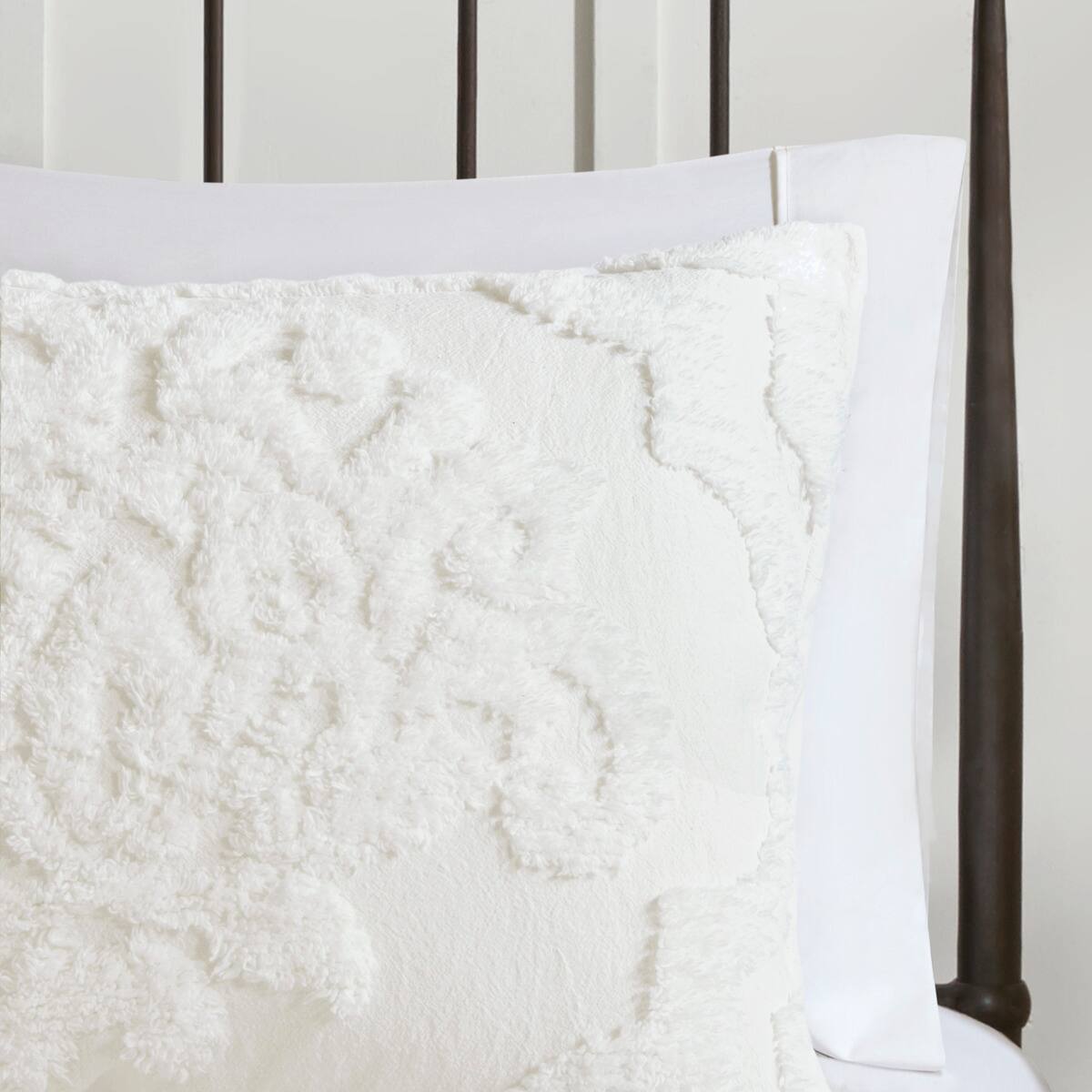 TinyHomie 3 Piece Tufted Cotton Chenille Damask Comforter Set Off White ...