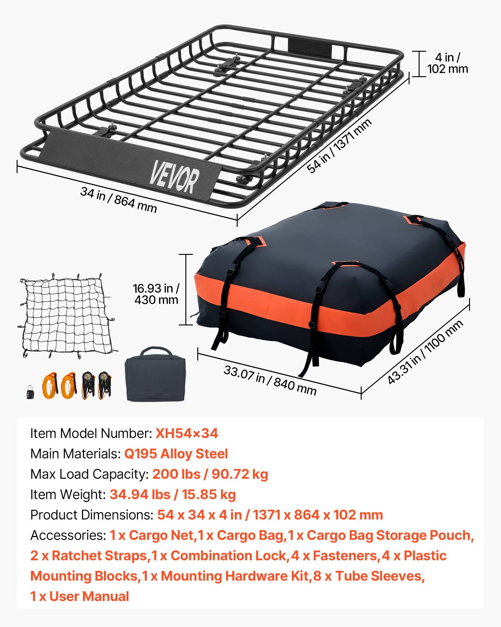 VEVOR Roof Rack Cargo Basket, 54 x 34 x 4 in, Heavy Duty Roof Top ...
