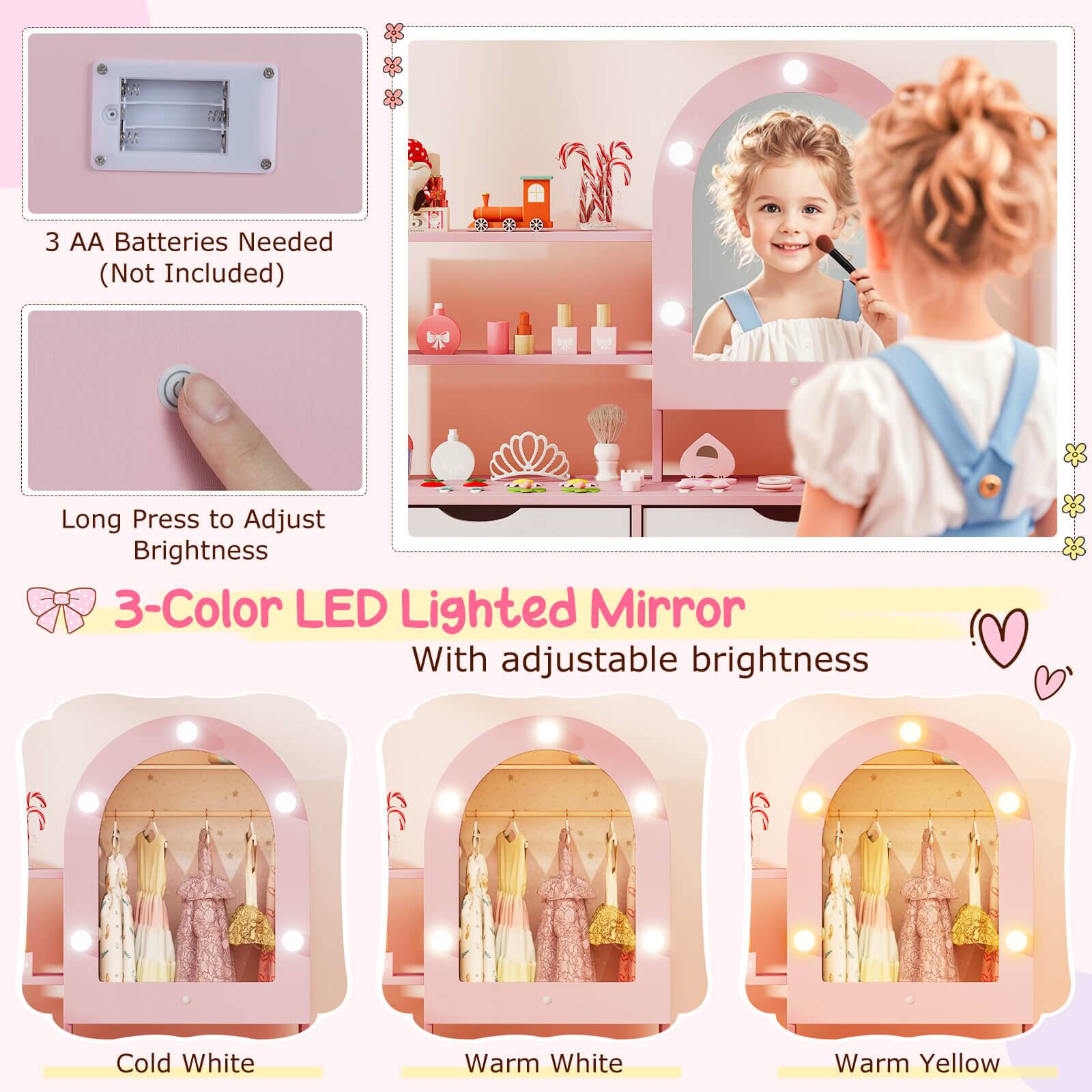 Costway Kids Vanity Set with 3 Color Lighting Modes, Adjustable ...
