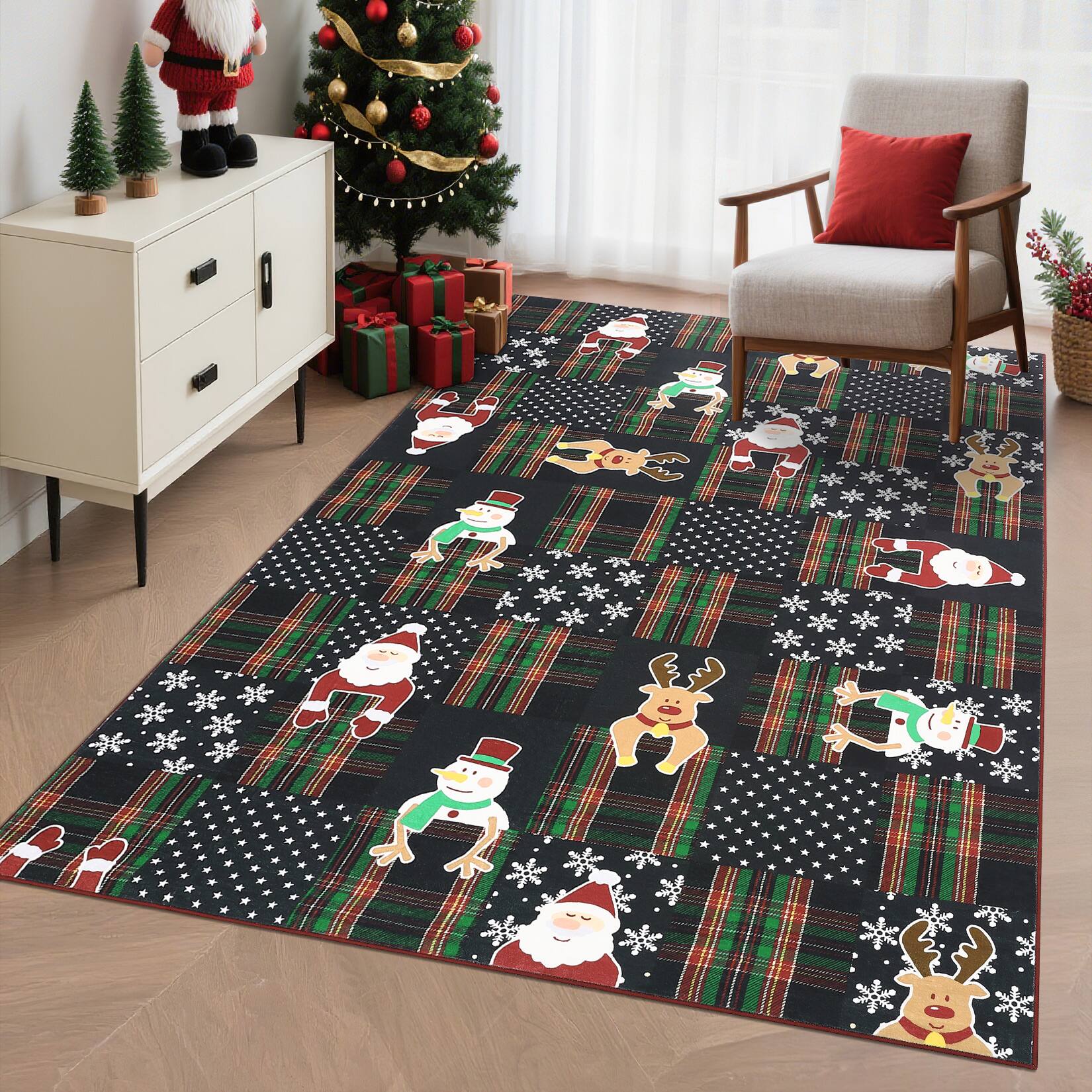 Jojoka 8x10 ft Christmas Runner Rug, Snowman Reindeer Plaid Print ...