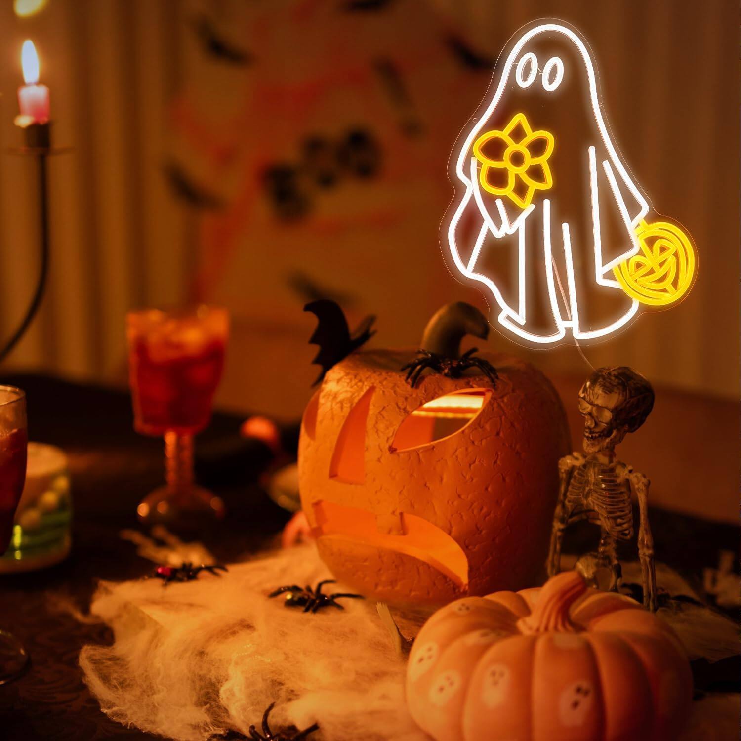 Auledio Ghost Neon Sign for Wall Decor Dimmable USB Powered Pumpkin Led ...