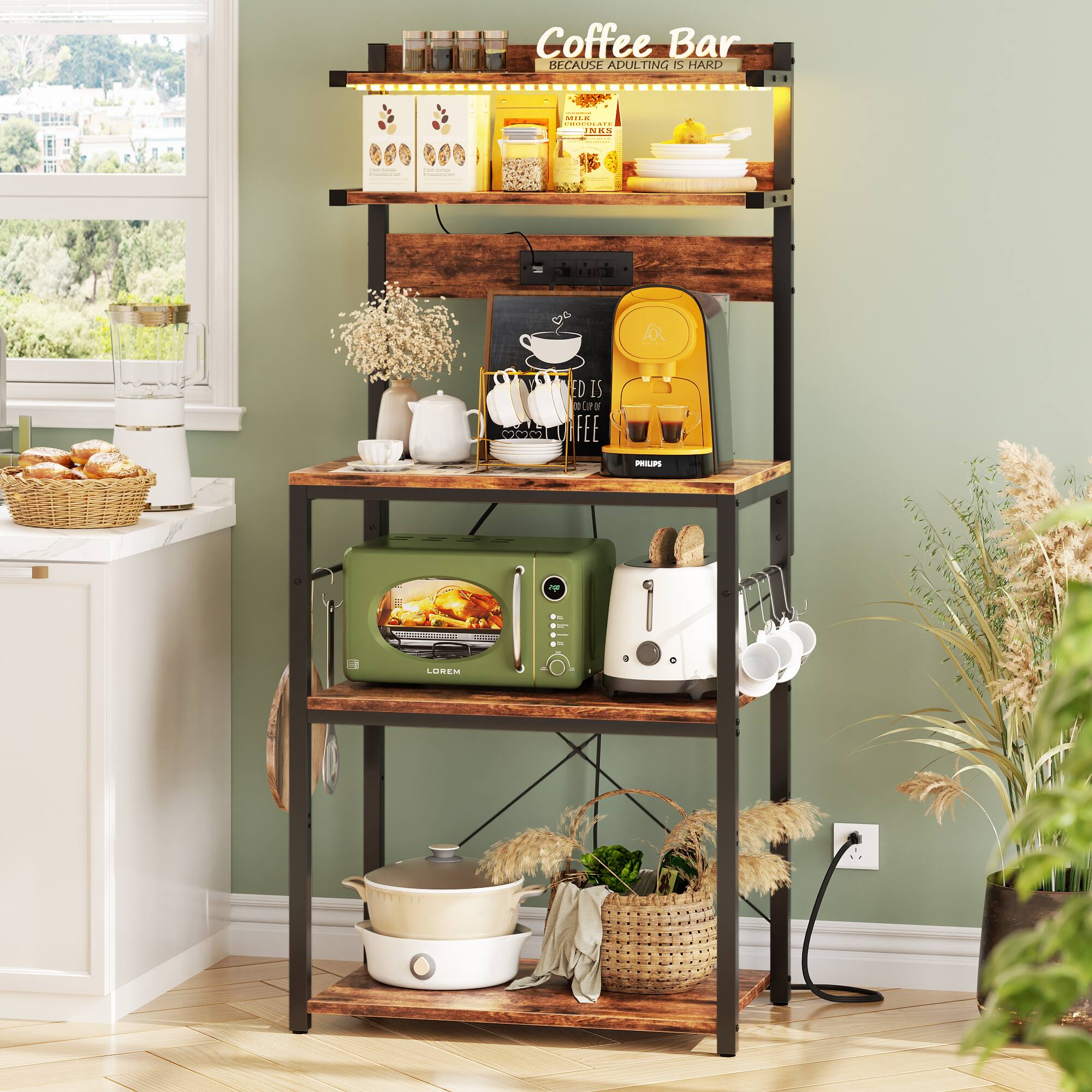 Aheaplus 5 Tier Kitchen Baker's Rack with Power Outlets, LED Lights & 6 ...