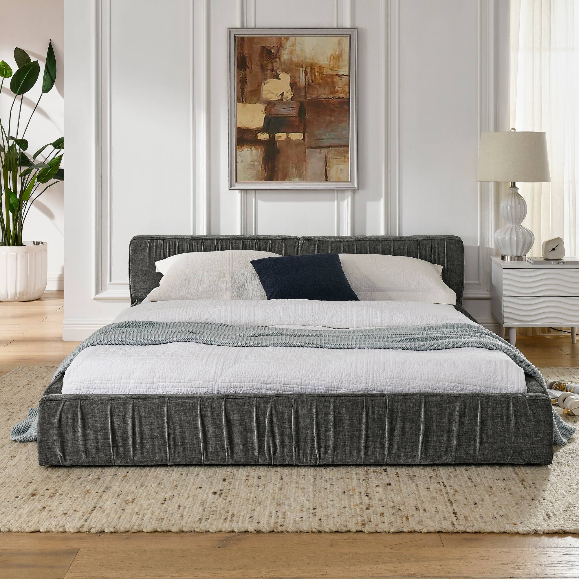 Spaco Solid Queen Platform Bed, Chenille Headboard with Pleating ...