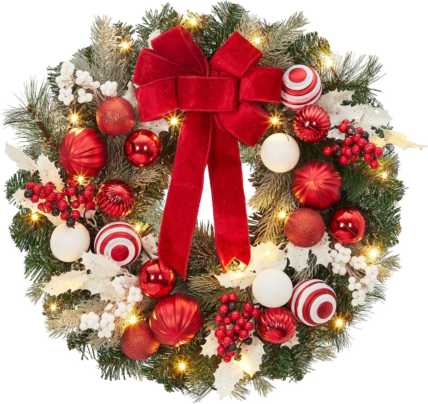 GARVEE 24 Inch Pre Lit Christmas Wreath for Front Door, Large Lighted ...