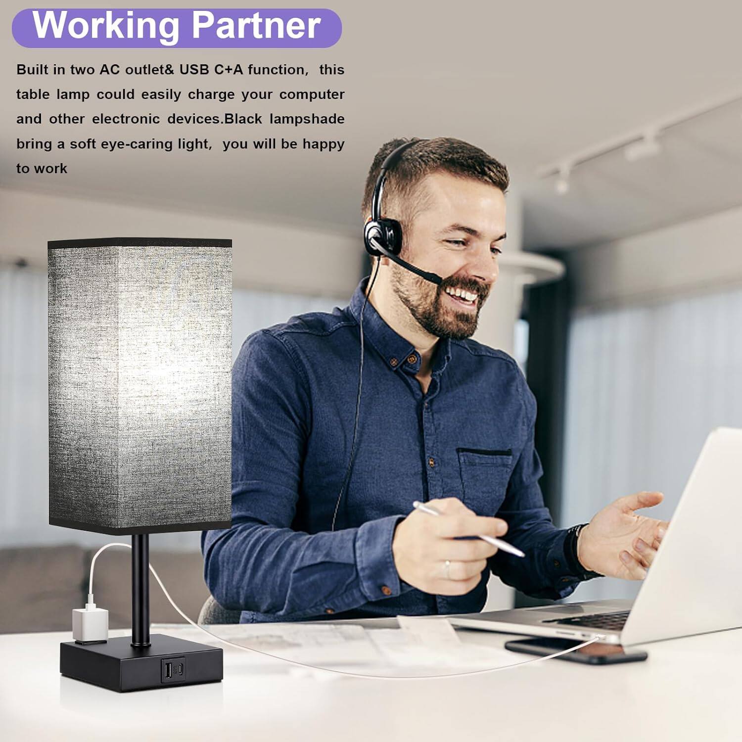 Stamp n Camp Lamp for Bedroom Touch Lamp with USB C+A and AC Outlets 3 ...